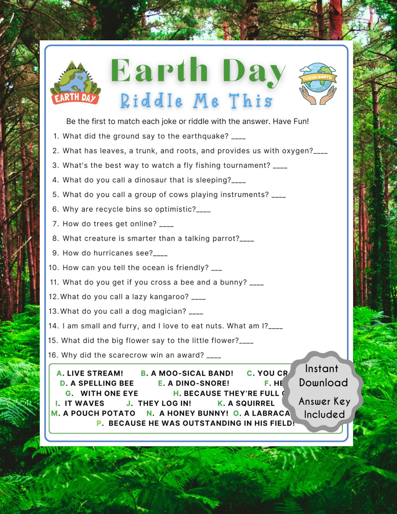 Earth Day Riddle Me This Game Fun Earth Day Printable Game for Kids ...
