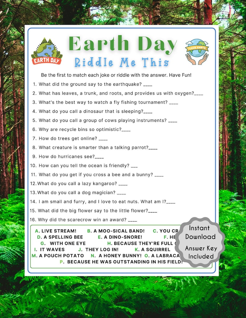 Earth Day Riddle Me This Game Fun Earth Day Printable Game for Kids ...