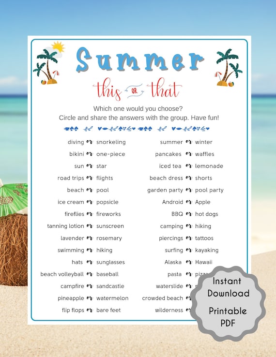 Summer This or That Game Summer Fun Game Summer Party Game - Etsy