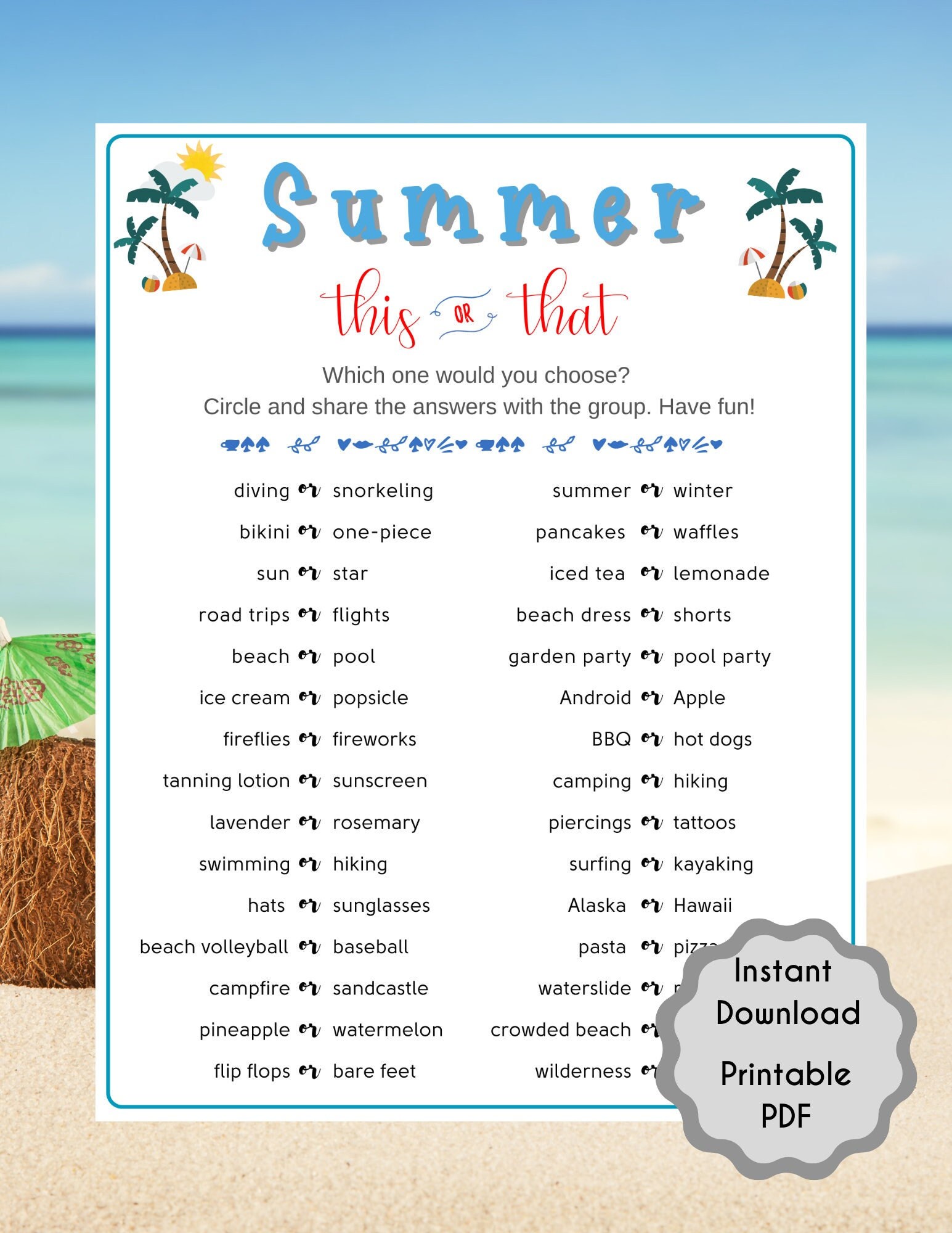 Summer This or That Game Summer Fun Game Summer Party Game Printable ...