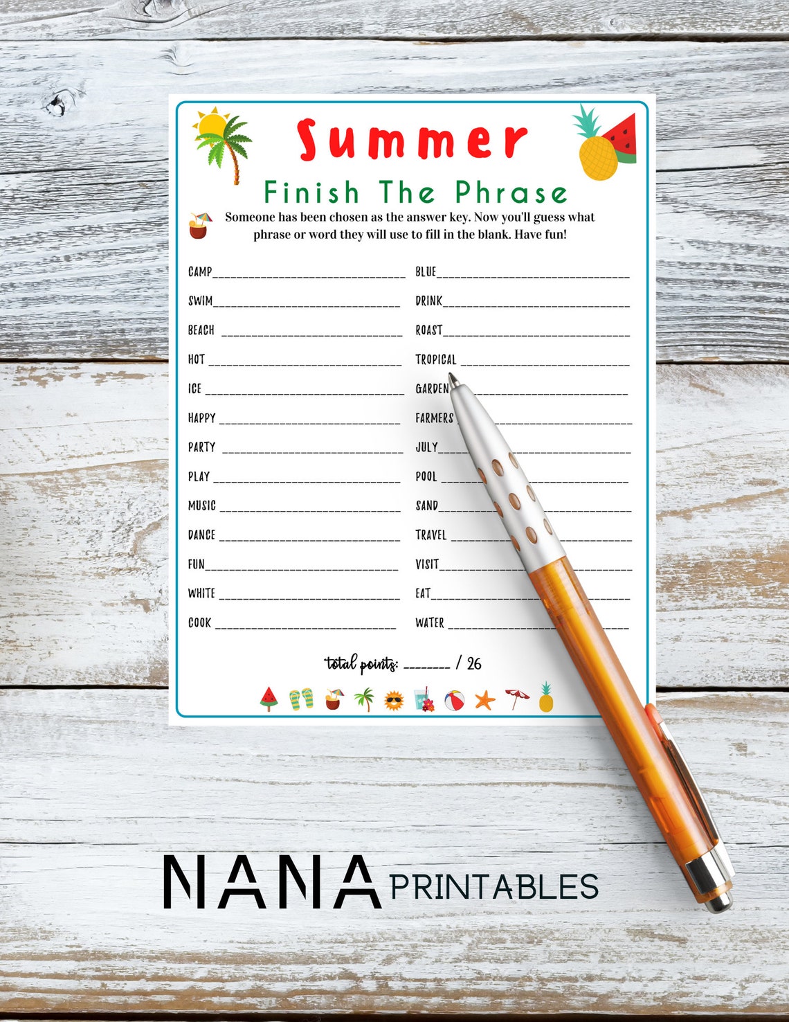 Summer Finish the Phrase Game Summer Game Summer Party Game Printable ...