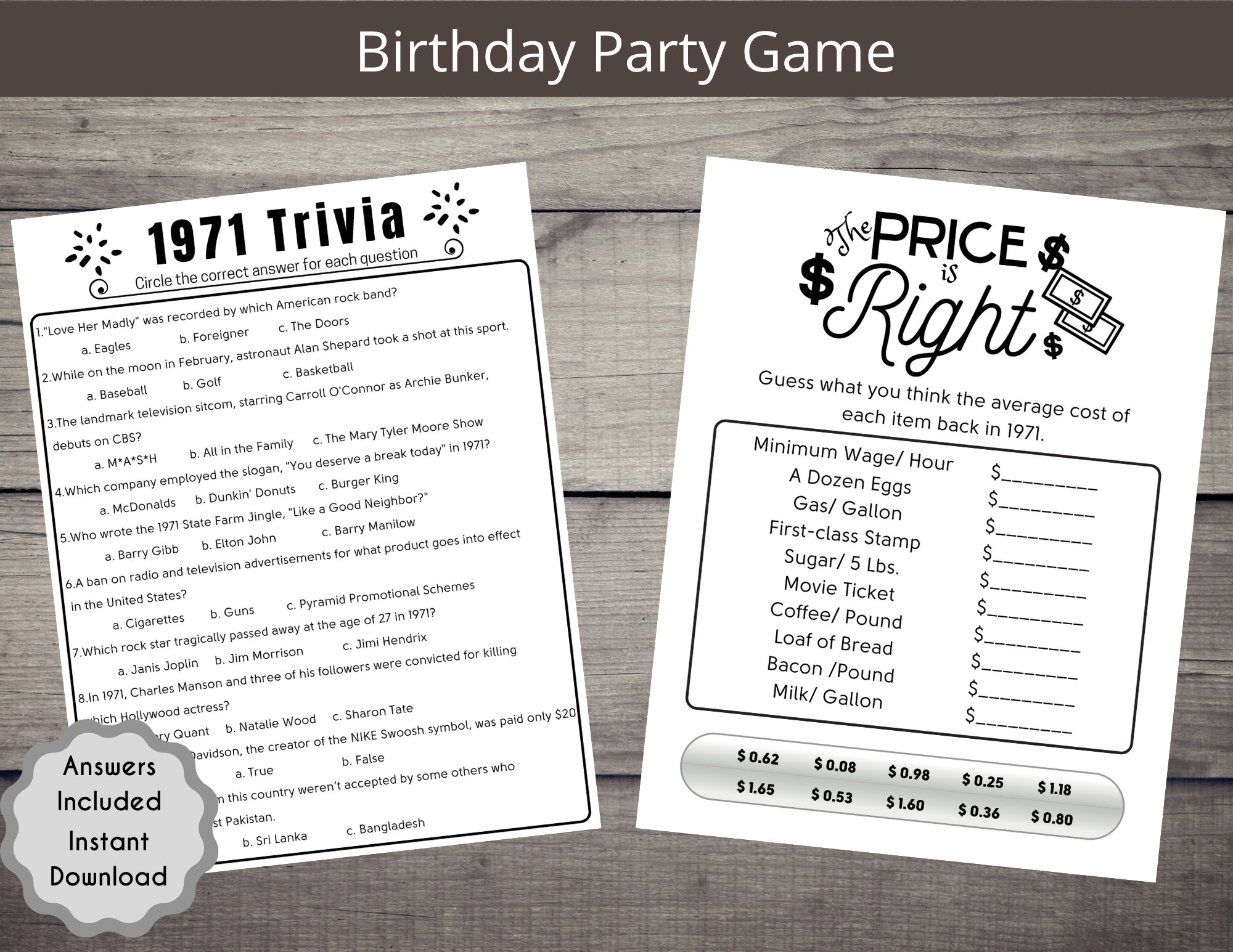 1971 Birthday Games Bundle: 54th Birthday Party Trivia (digital ...