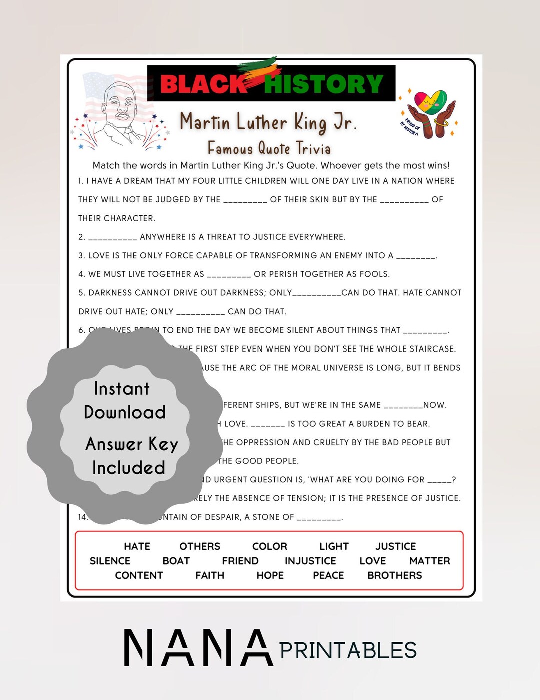 Black History Mlk's Famous Quote Trivia, Fun Educational Game, Black ...