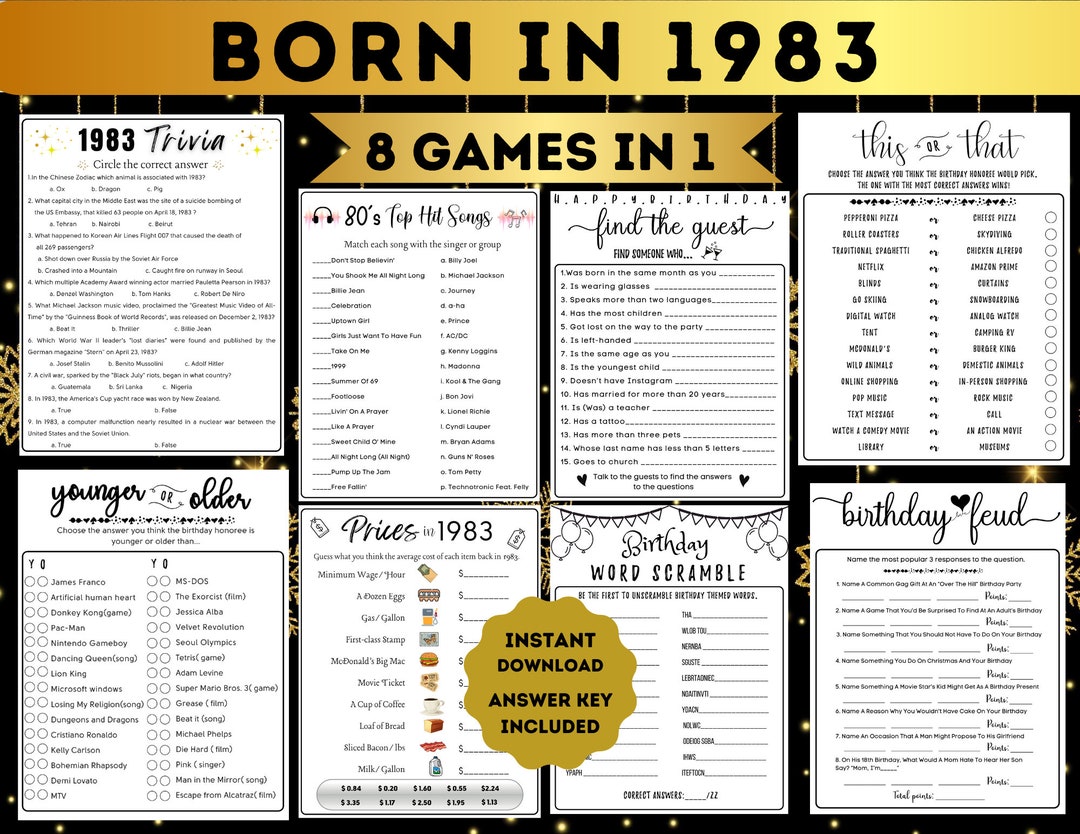 Born in 1983 Birthday Games Bundle 42nd Birthday Party Games 1983 ...