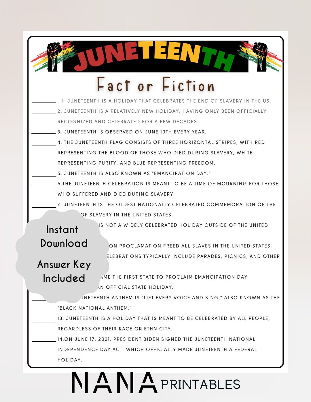 Juneteenth Fact or Fiction Game, Fun Educational Game Kids, Black ...