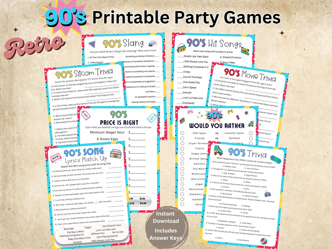 90s Party Games Printable 90s Theme Party Games 90s Music - Etsy Australia