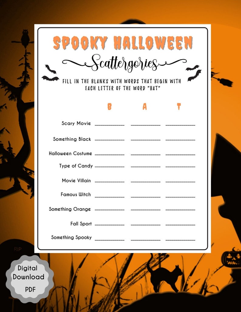 Halloween Scattergories Game Spooky Halloween Printable Game PDF Scary ...
