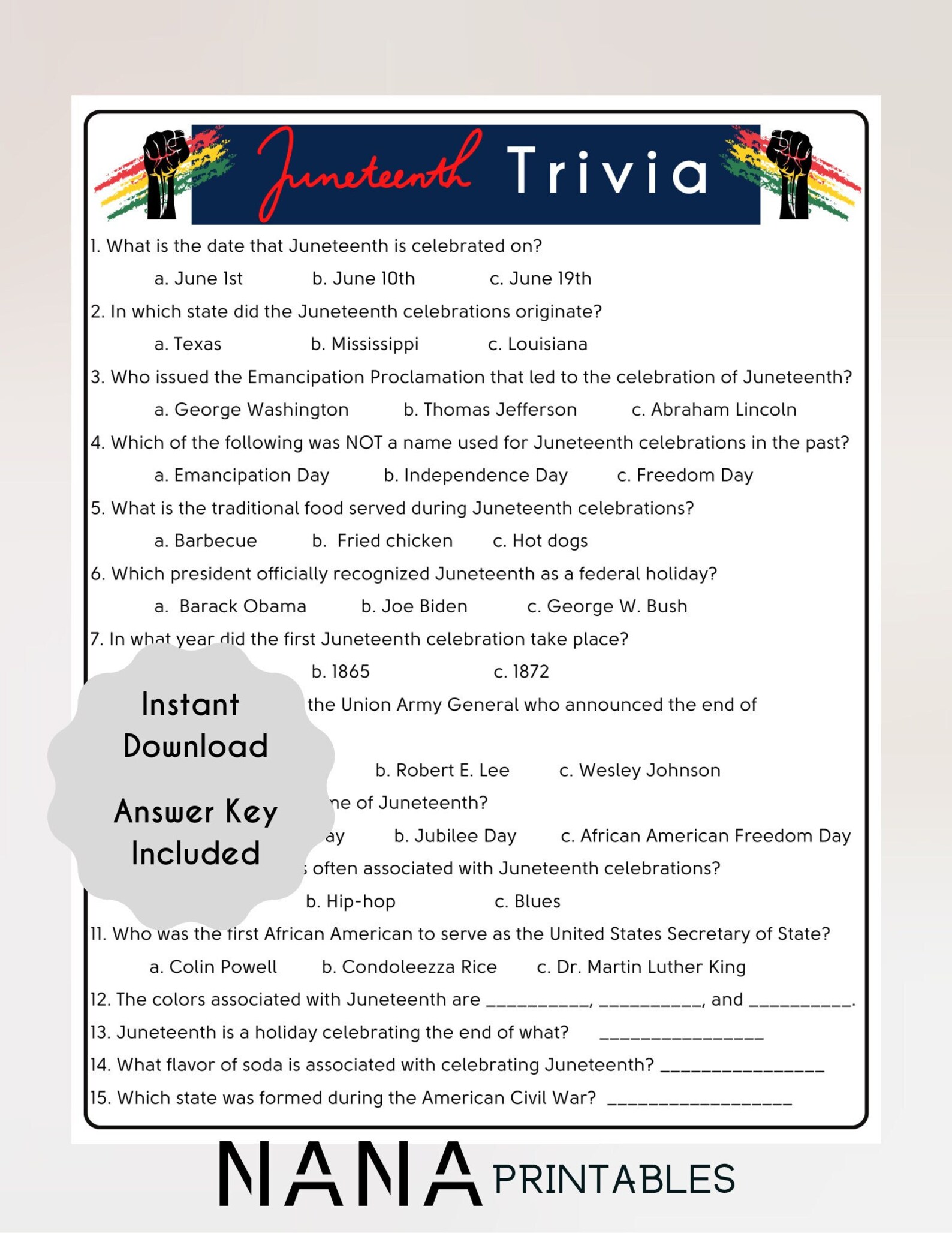 Juneteenth Trivia Game, Fun Educational Game Kids, Black History Game ...