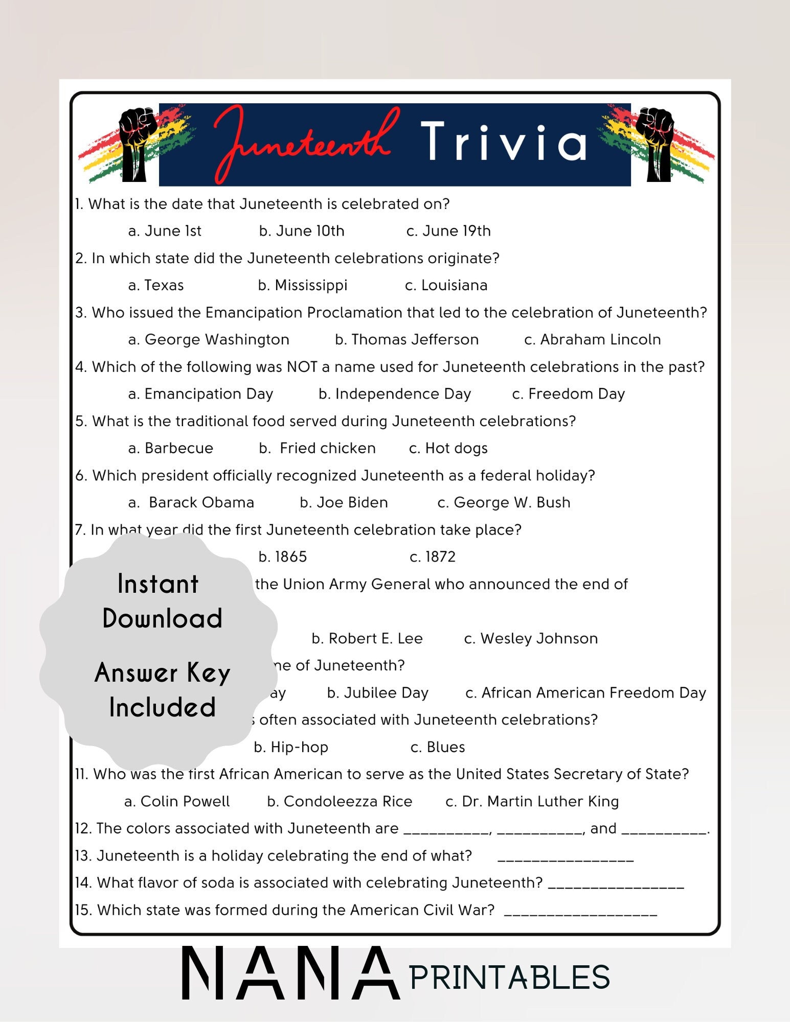 Juneteenth Trivia Game, Fun Educational Game Kids, Black History Game ...