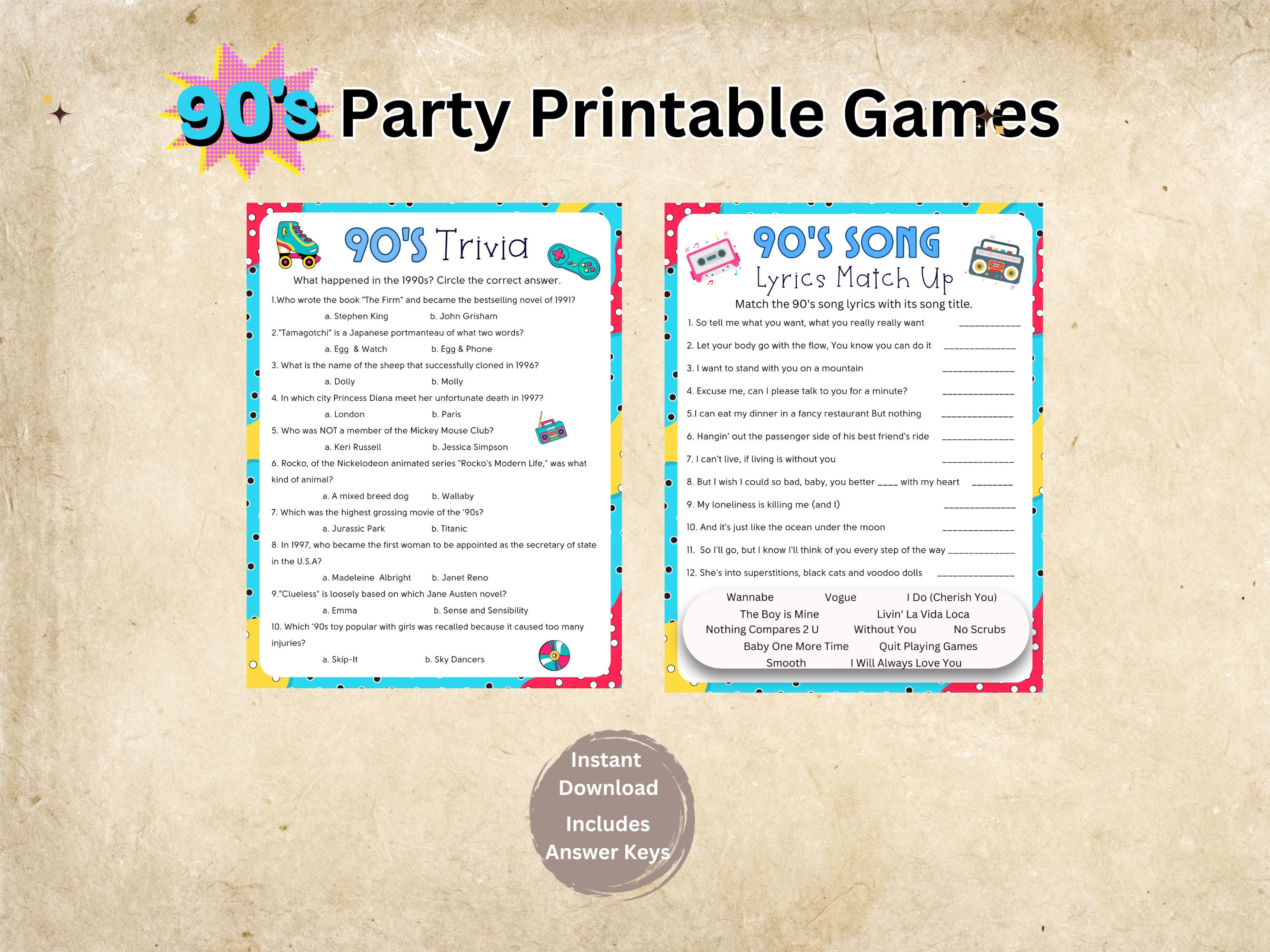 90s Party Games Printable, 1990s Theme Party Games, 90s Music Movie ...