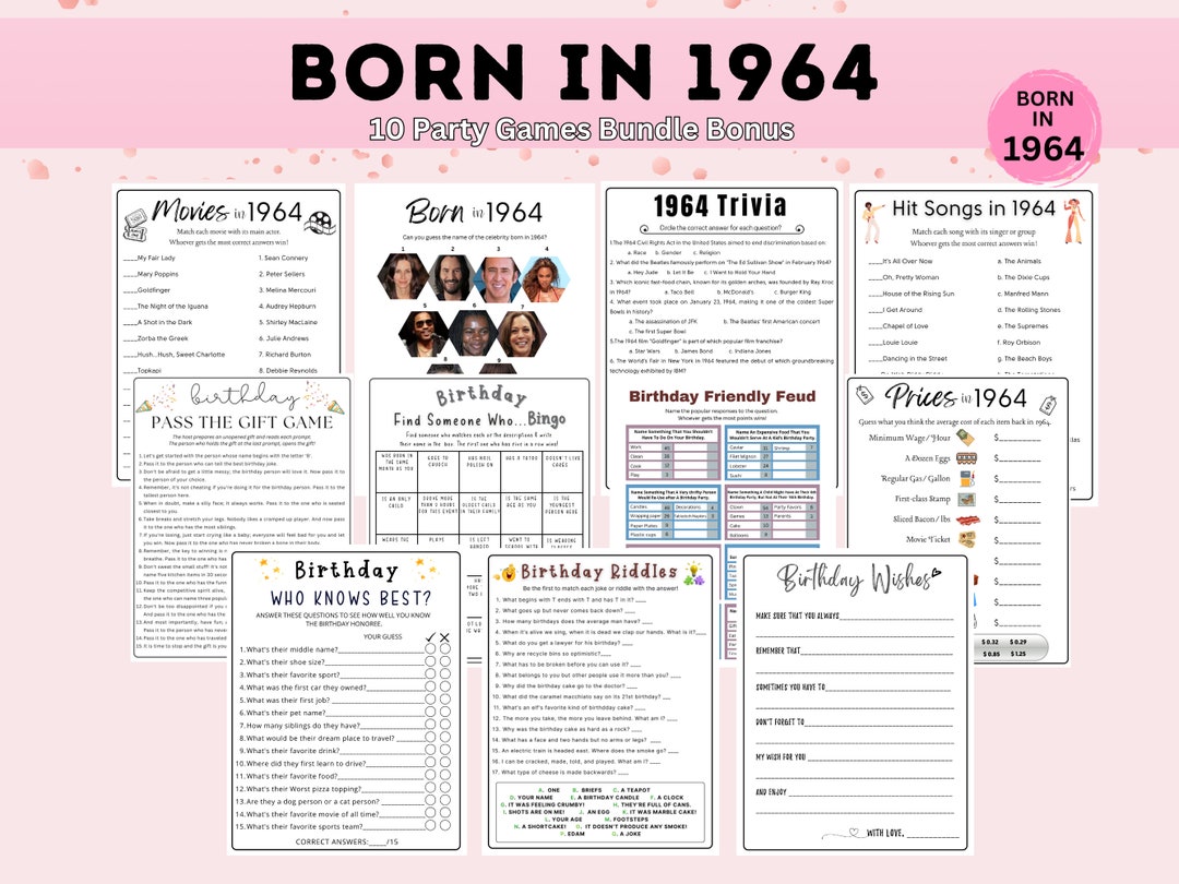 61st Birthday Games: 1964 Trivia, Printable Party Bundle (digital ...