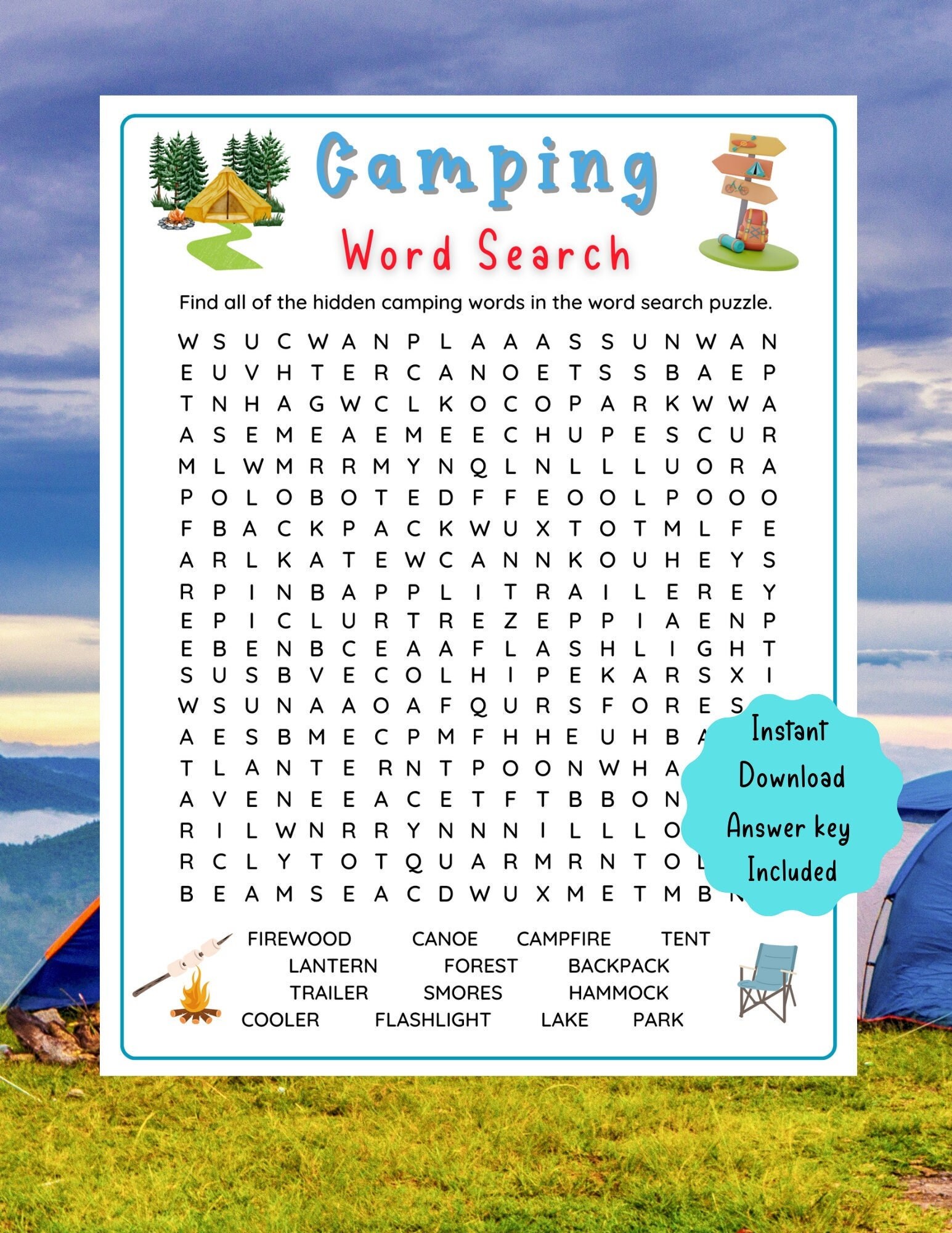 Camping Word Search Game Fun Printable Camping Words Campsite Game ...
