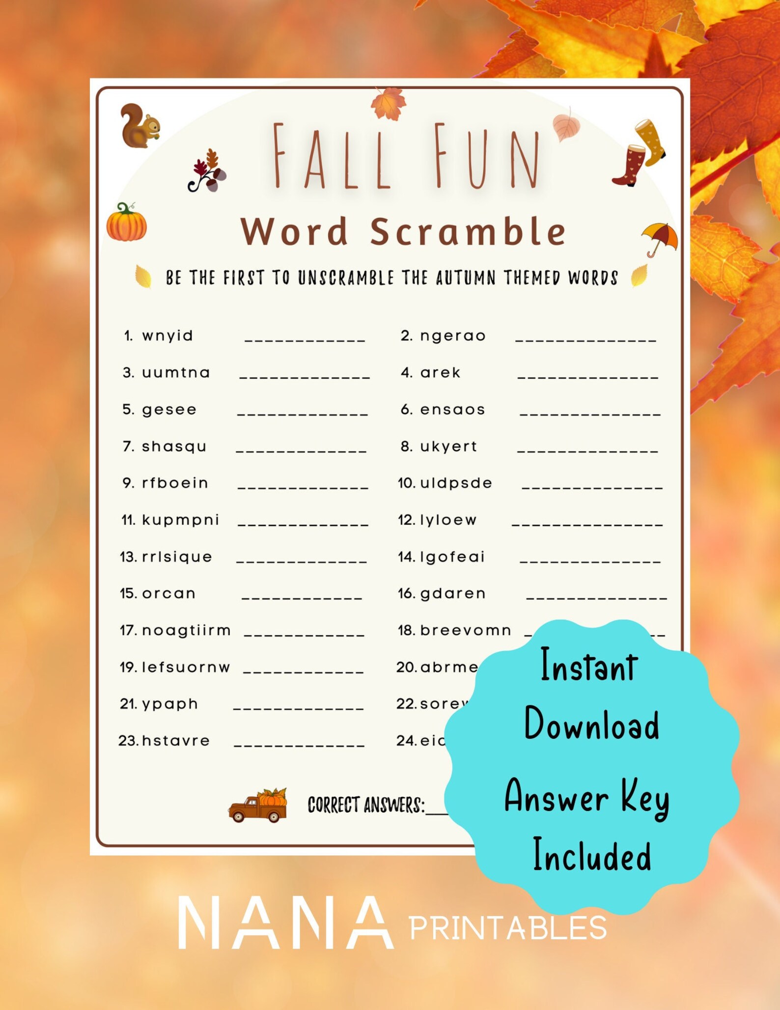 Autumn Fun Word Scramble Game Fall Fun Game (Instant Download) - Etsy