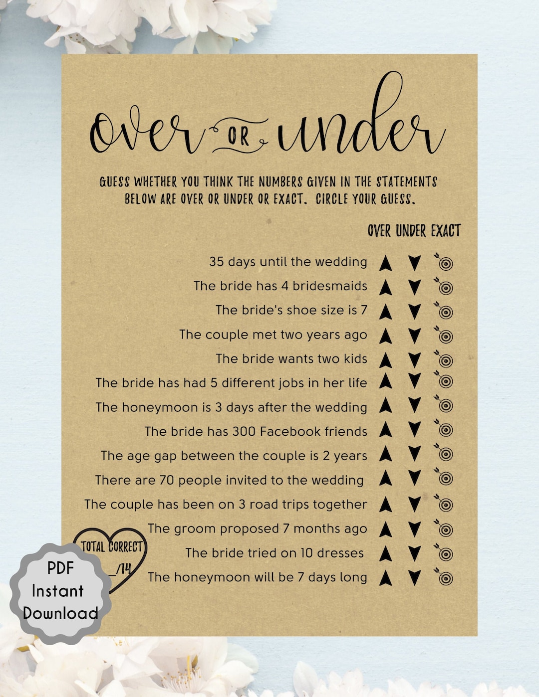Over Or Under Bridal Shower Game Printable Instant Download Bride