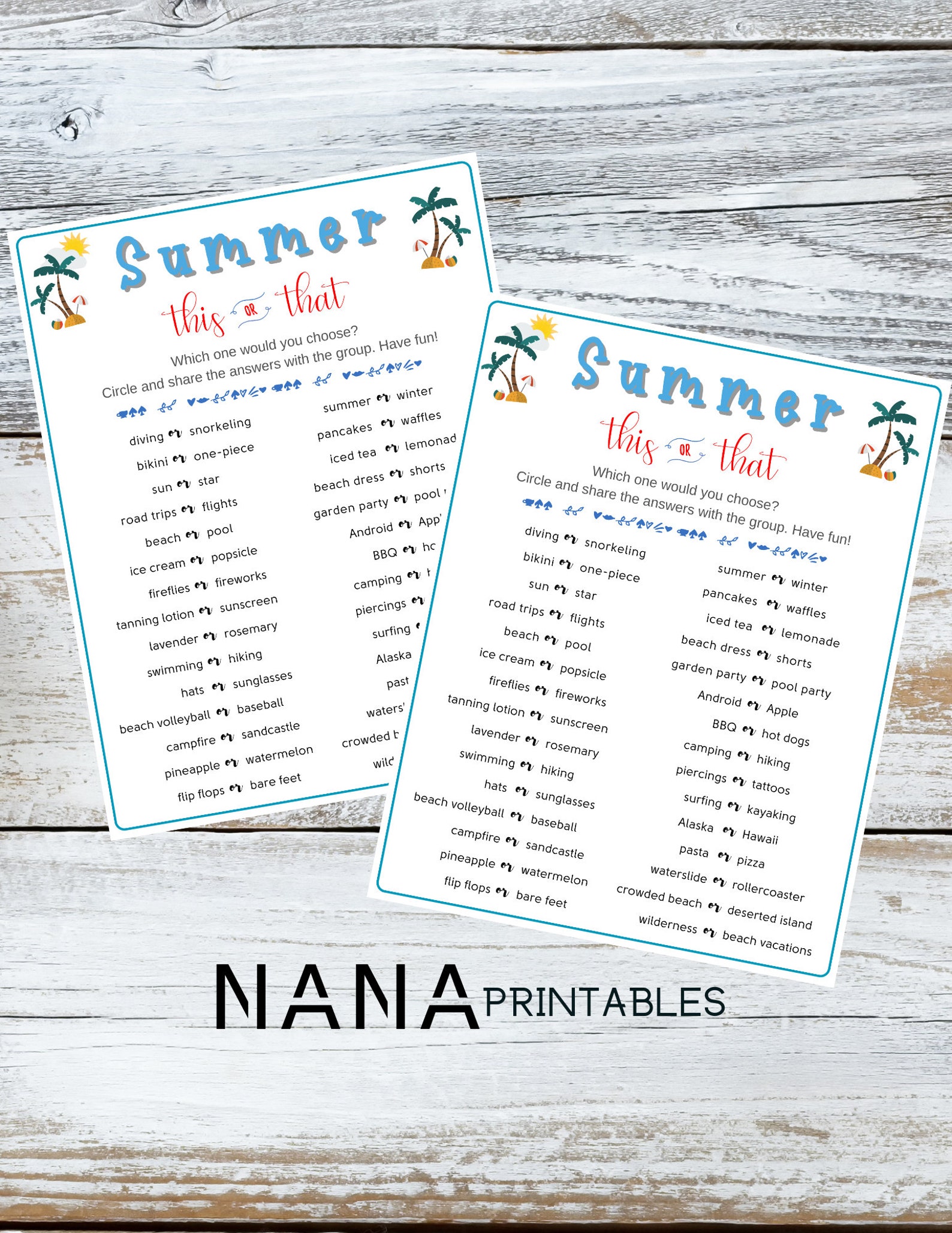 Summer This or That Game Summer Fun Game Summer Party Game Printable ...