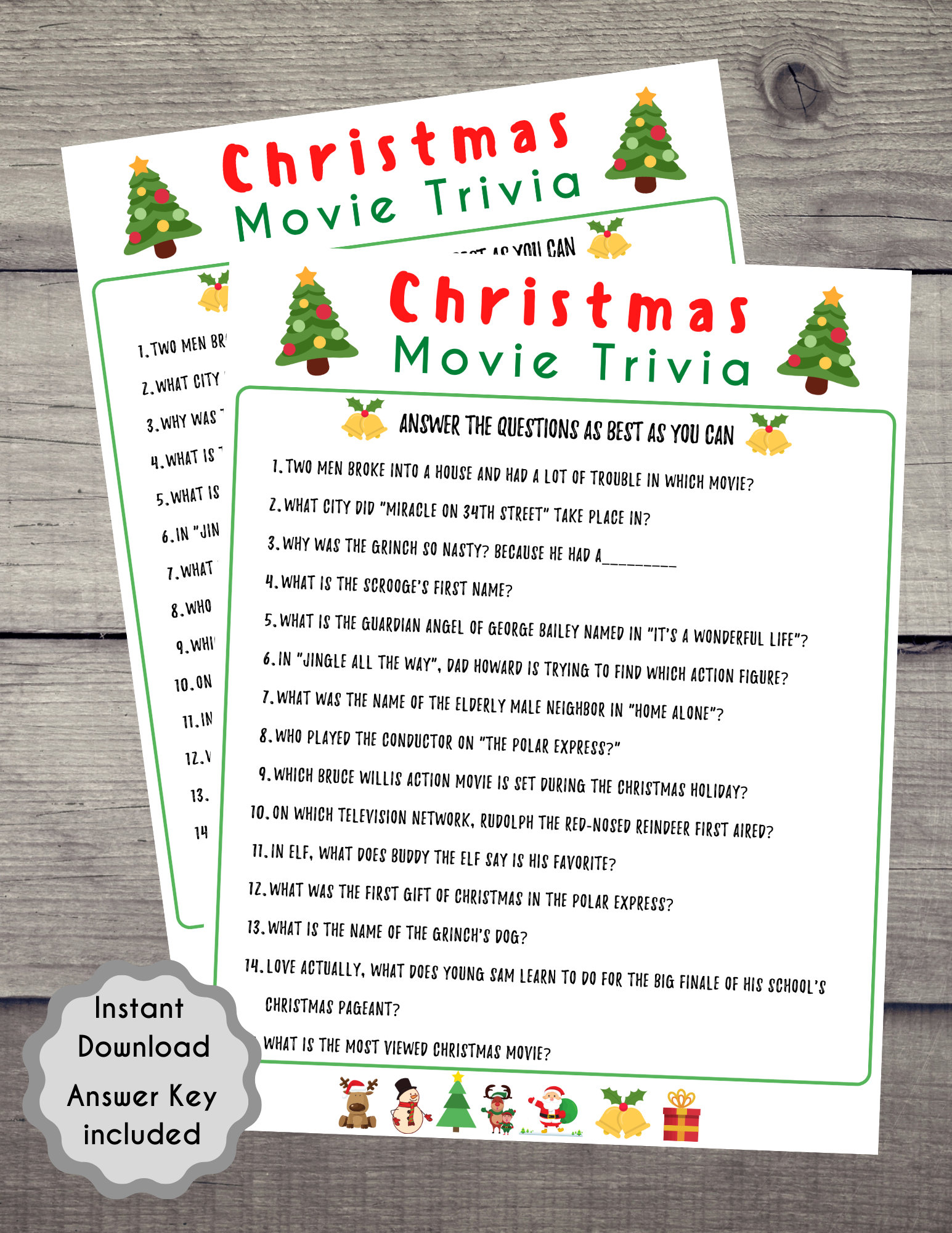 Christmas Game Movie Trivia Holiday Party Game Christmas Printable Game ...
