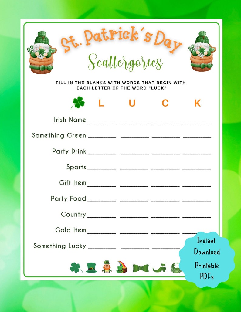 St. Patrick's Day Scattergories Game St. Patrick's | Etsy
