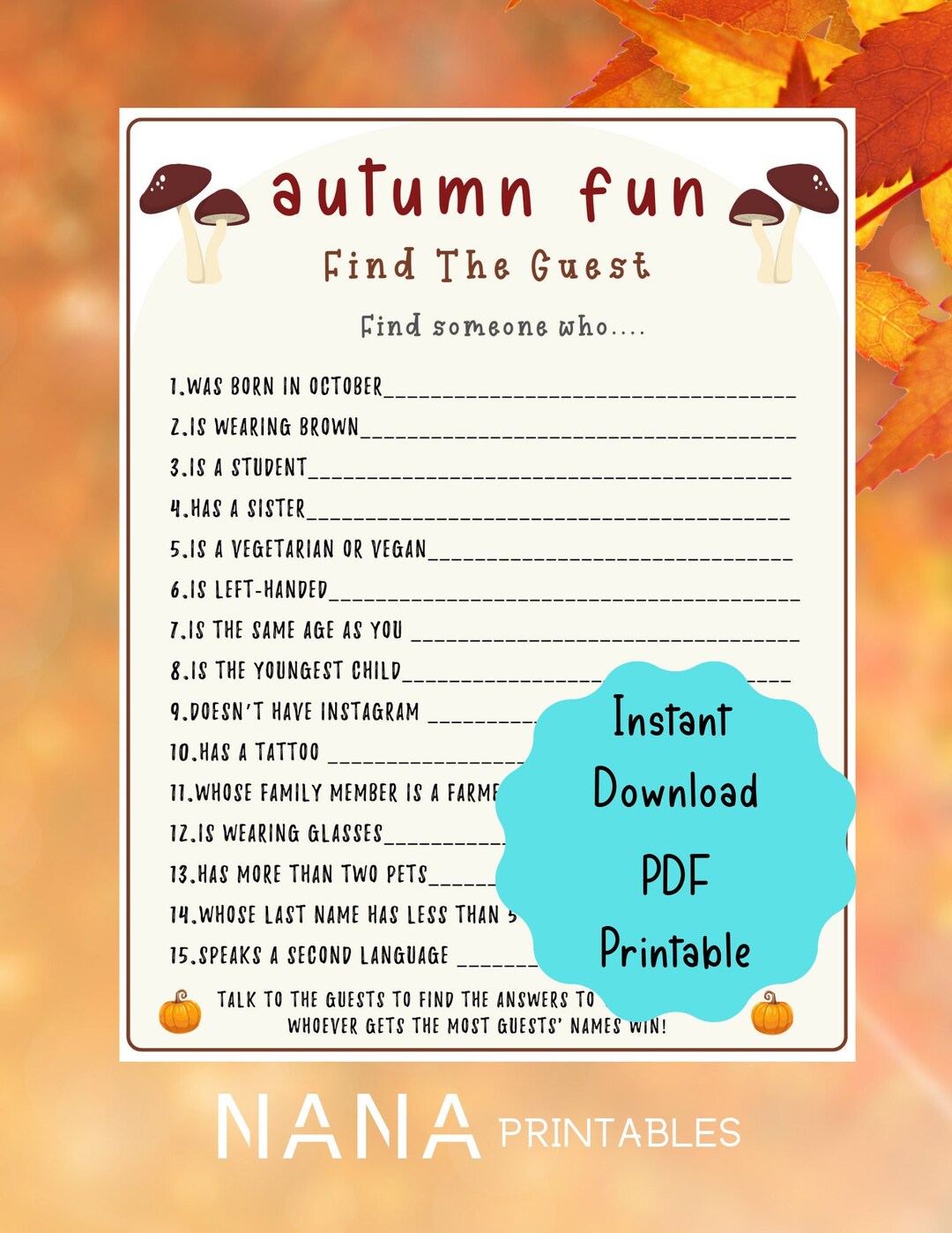 Autumn Fun Find the Guest Game Fall Fun Game Party Games Fall Family ...