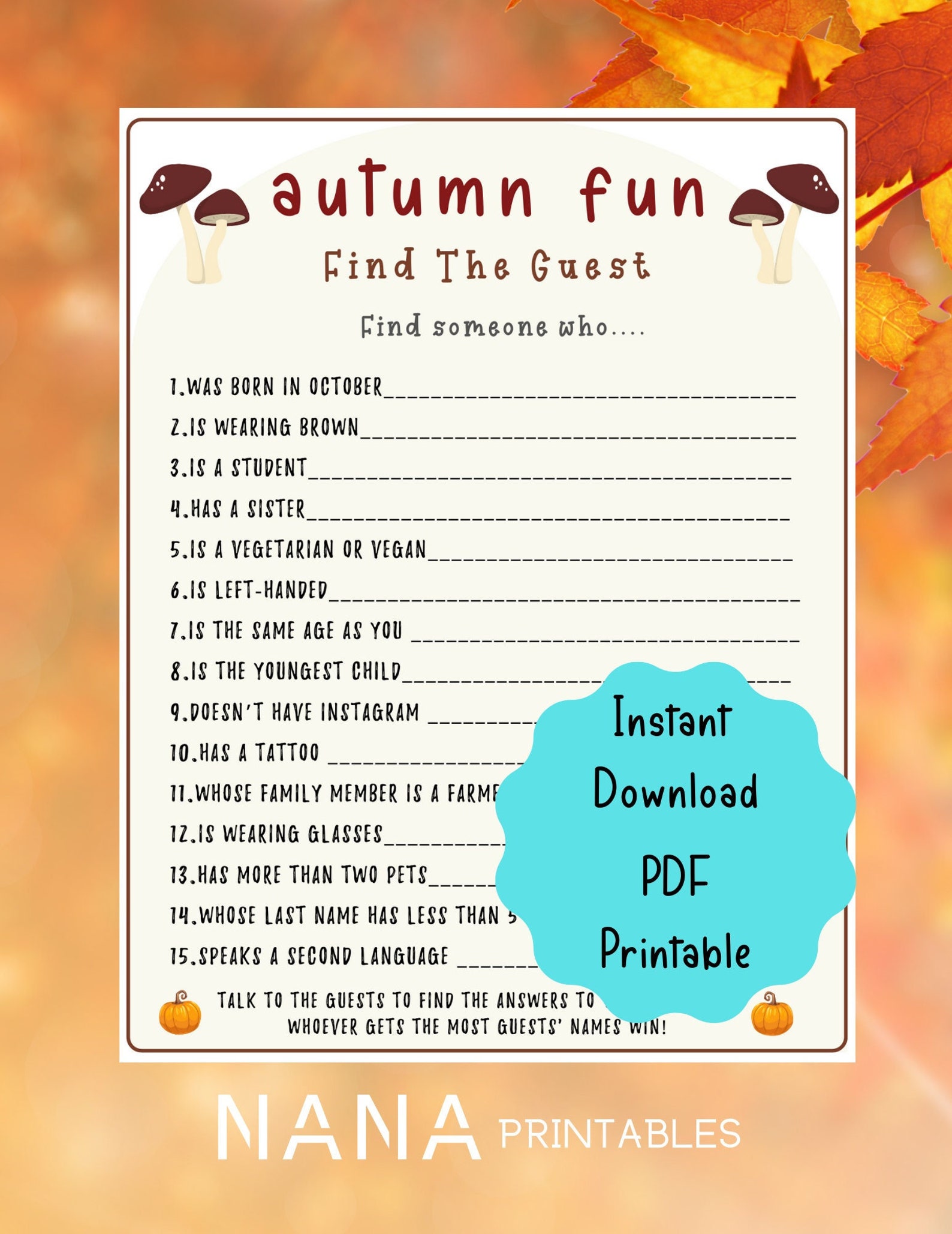 Autumn Find the Guest Game: Fall Party Icebreaker (PDF) - Etsy