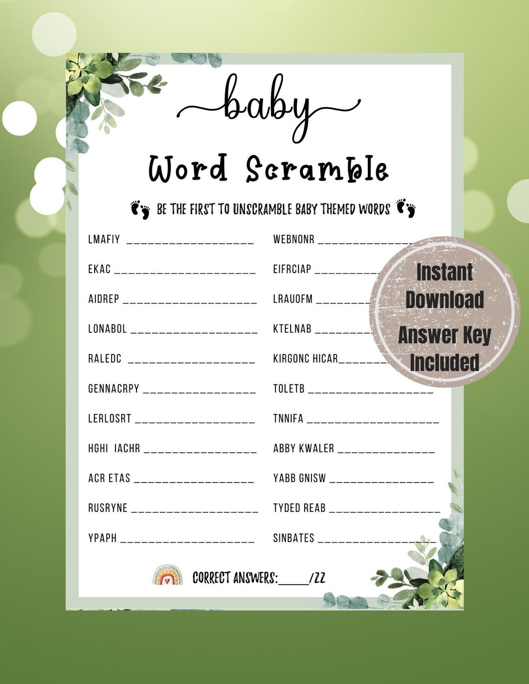 Baby Shower Word Scramble Game | Gender Reveal Party Games | Greenery ...