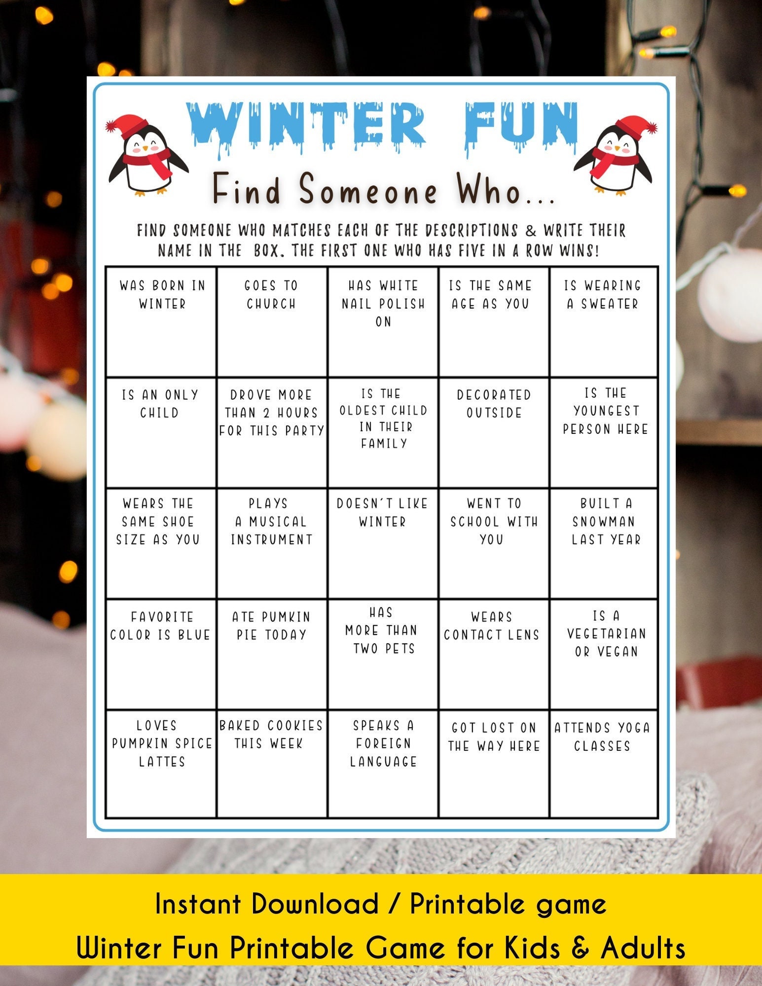 Fun Winter Find Someone Who Bingo Game Printable Holiday Party Game ...
