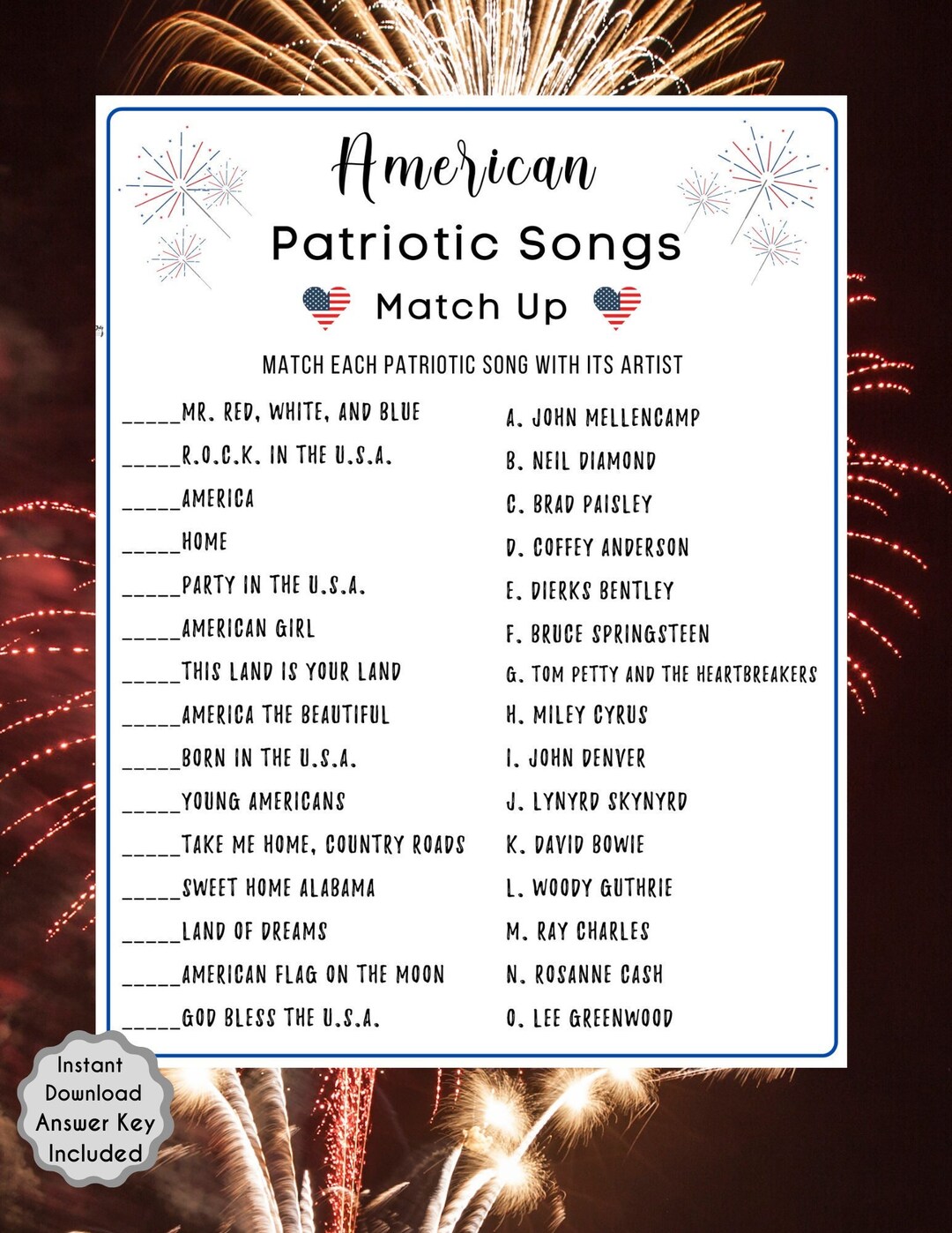 Fourth of July American Patriotic Songs Match Game | Independence Day ...