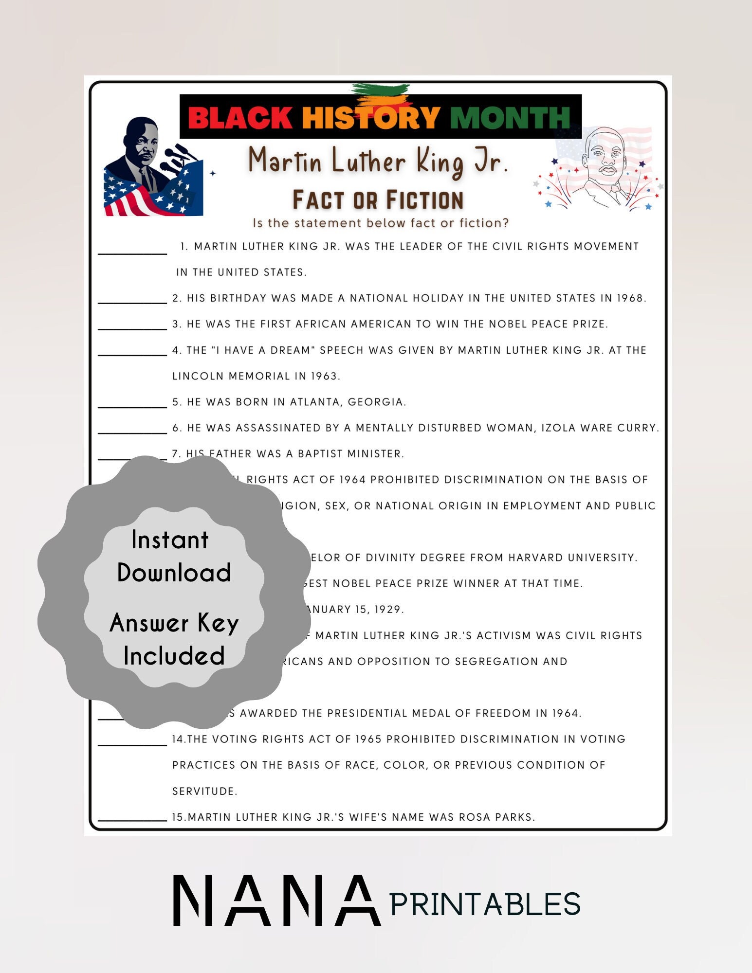 Black History Mlk's Fact or Fiction Trivia, Fun Educational Game, Black ...