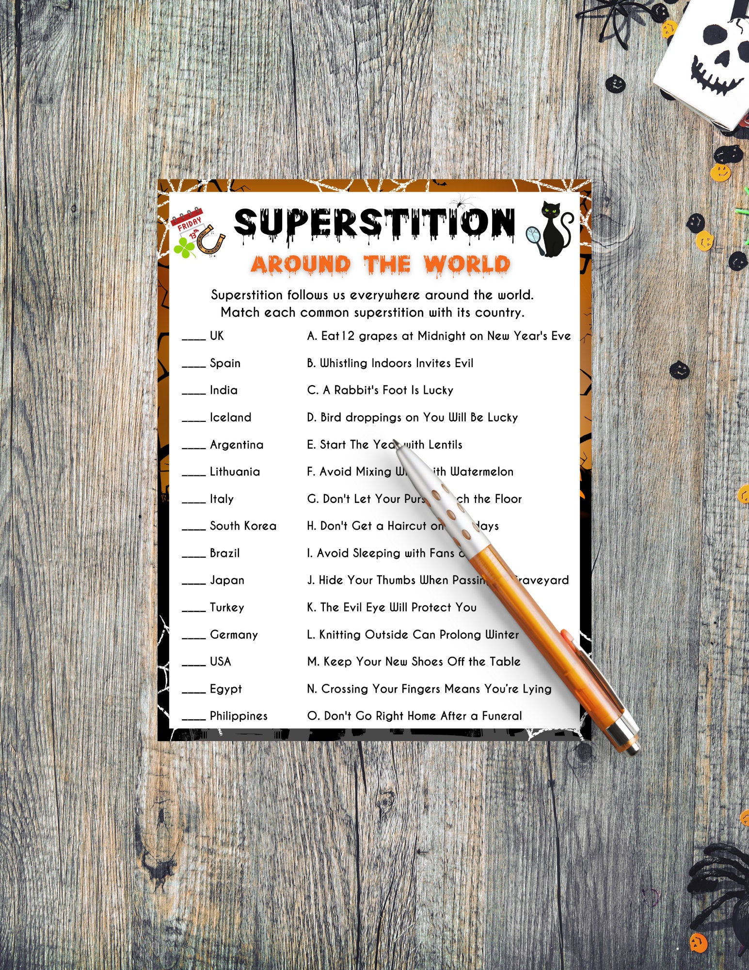 Halloween Superstition Around the World Printable Game Spooky Halloween ...