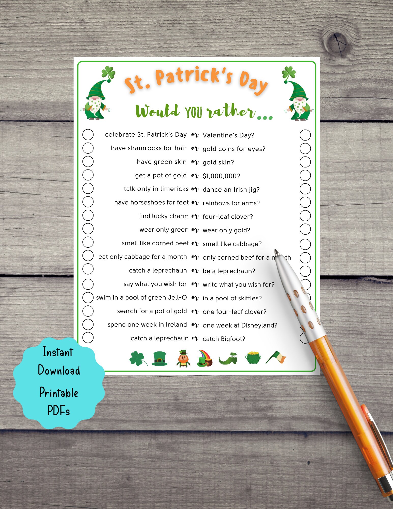 St. Patrick's Day Would You Rather Game: Printable Fun (PDF) - Etsy