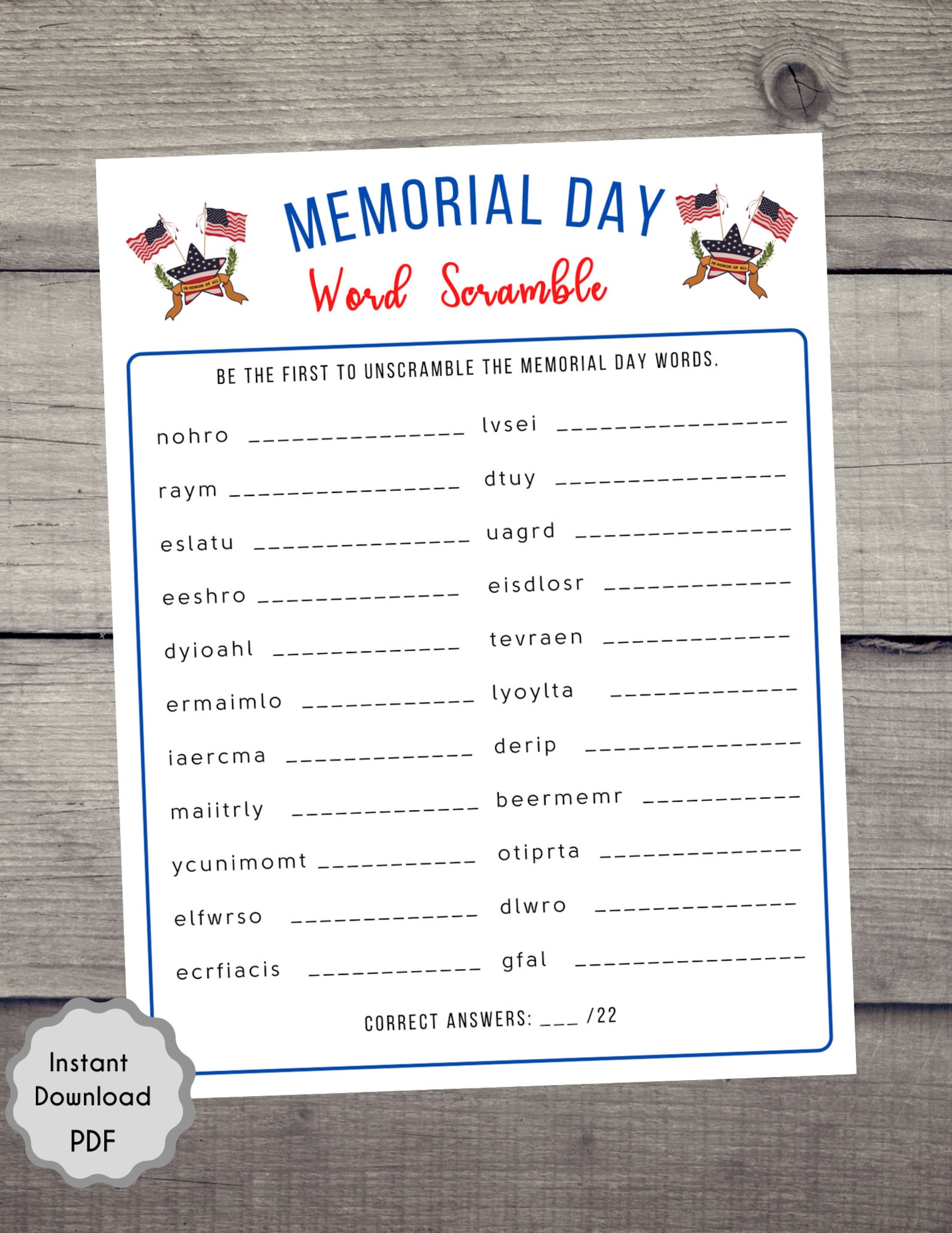 Memorial Day Word Scramble Game Game for Kids & Adults Memorial Day ...