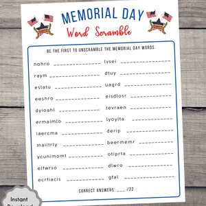 Memorial Day Word Scramble Game Game for Kids & Adults Memorial Day ...