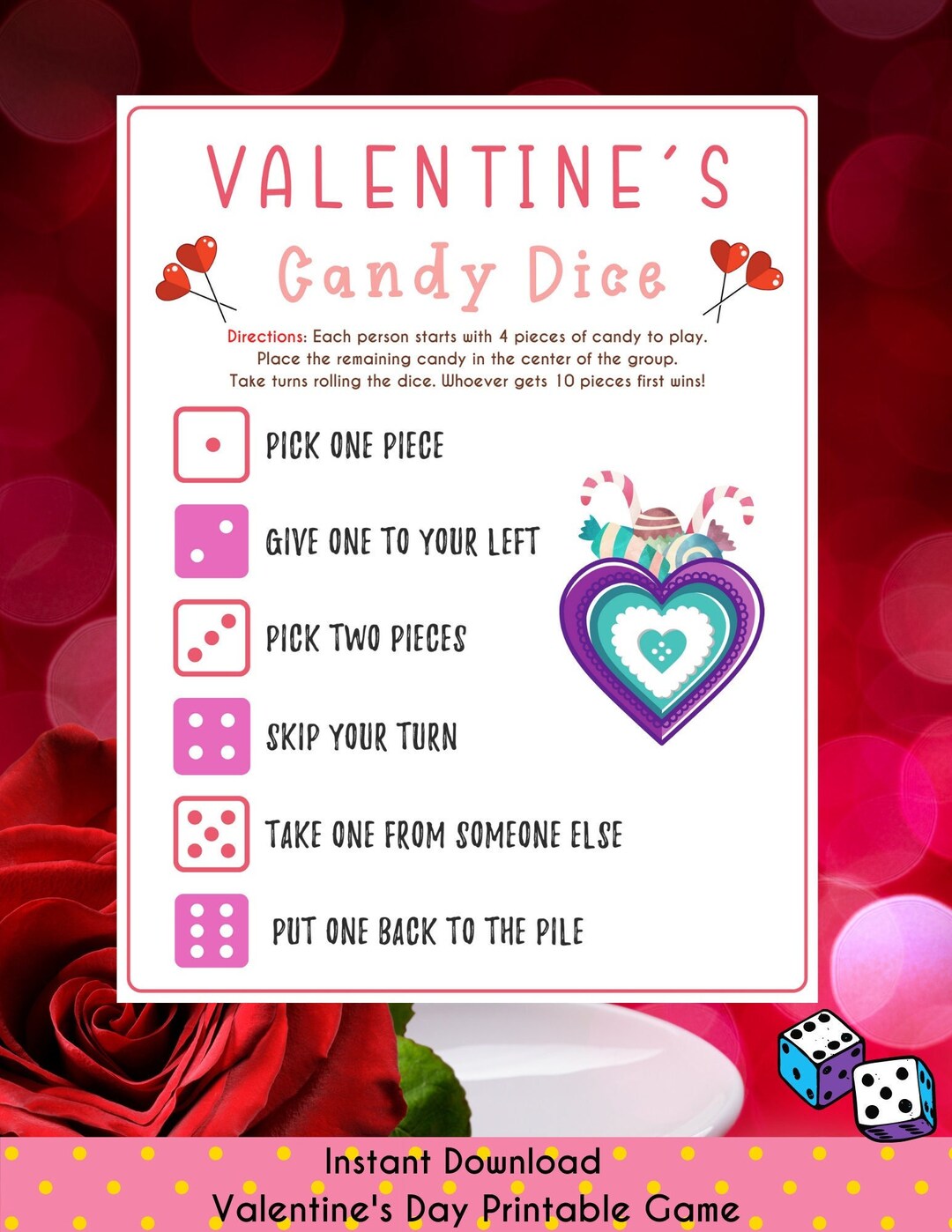 Valentine's Candy Dice Game Fun Valentine's Day - Etsy