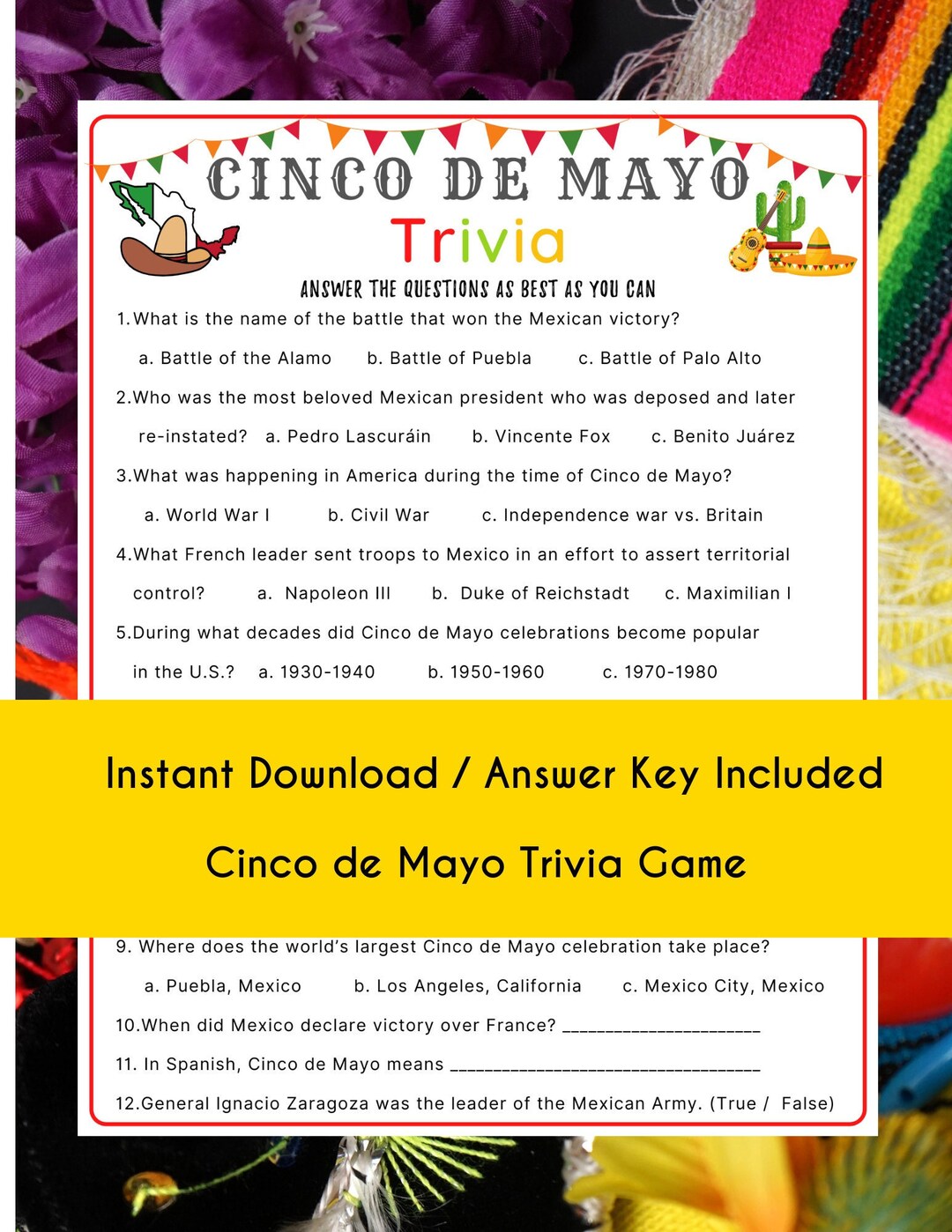 Cinco De Mayo Trivia Game L Printable Game Mexican Fiesta Game Fun ...