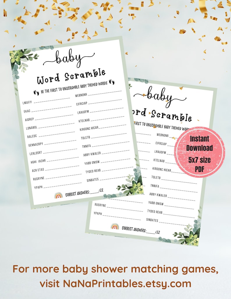Greenery Baby Shower Word Scramble Game (printable PDF) - Etsy