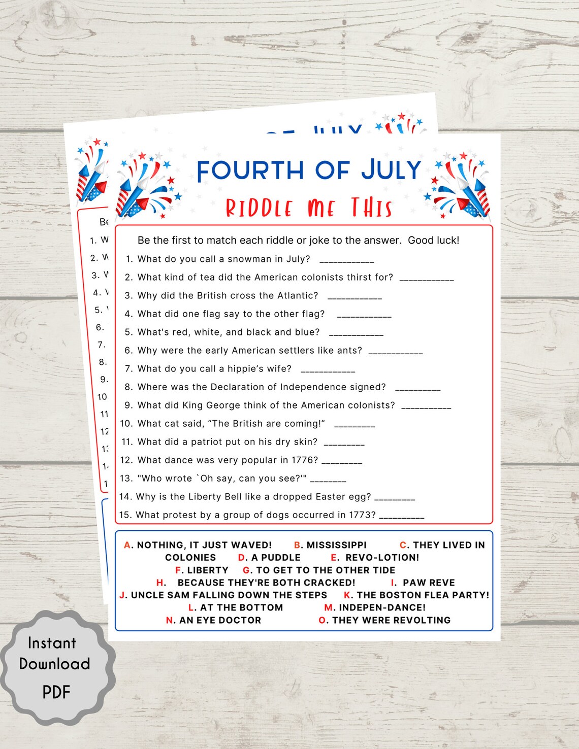 Fourth of July Riddle Me This Game Independence Day Game | Etsy