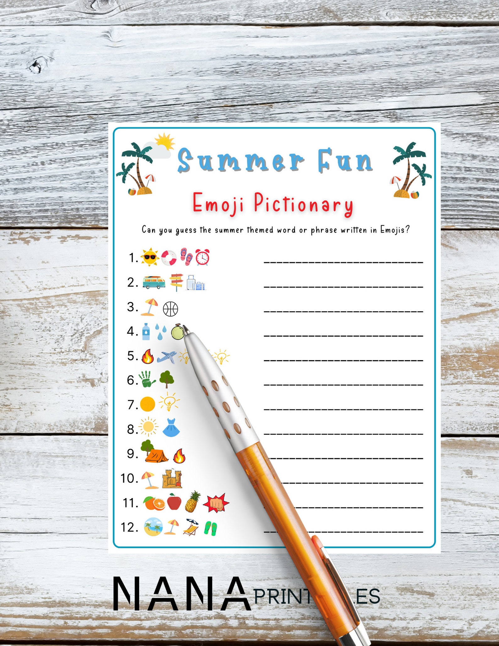 Summer Emoji Pictionary Game Summer Fun Game Summer Party Game ...