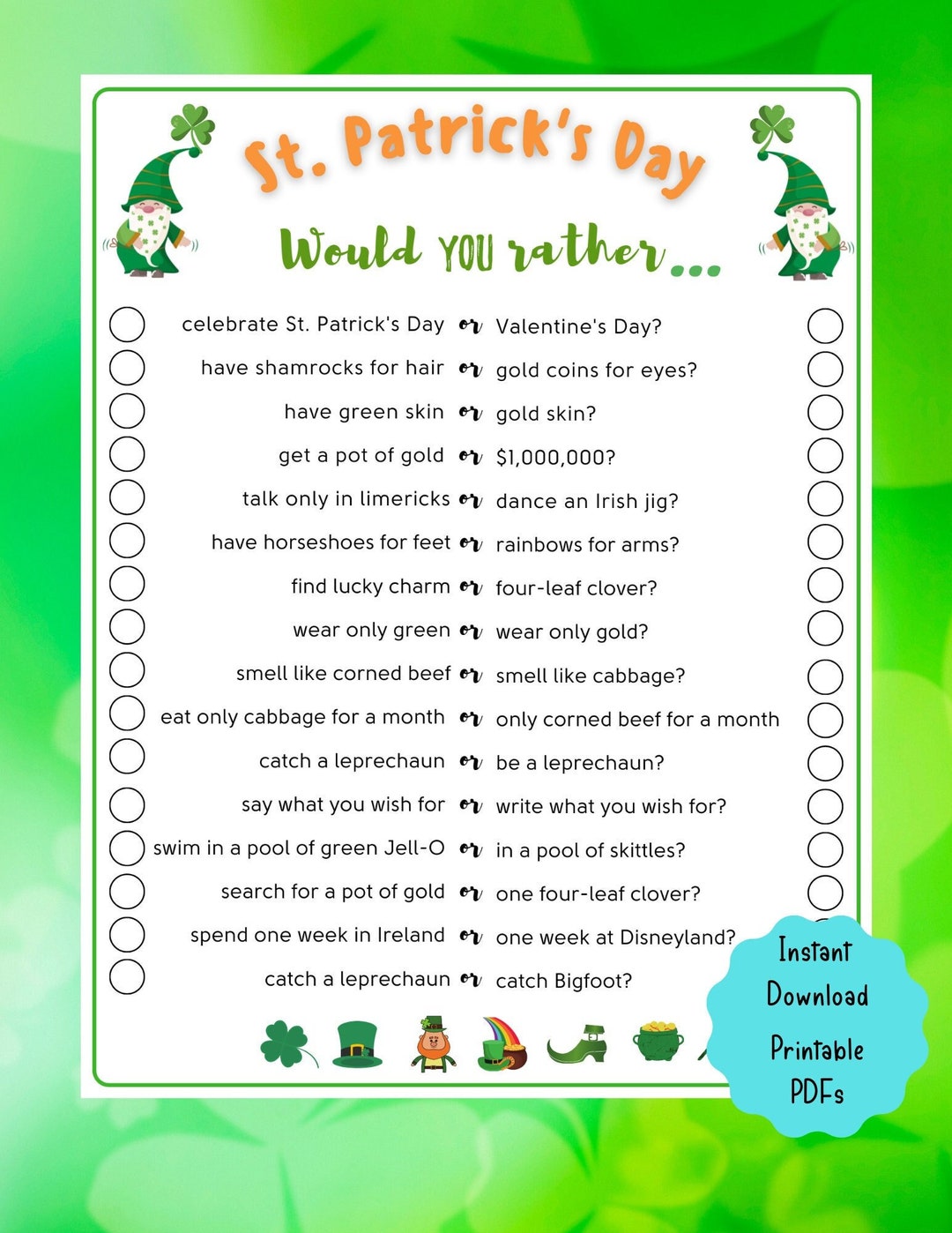 St. Patrick's Day Would You Rather Game: Printable Fun (PDF) - Etsy