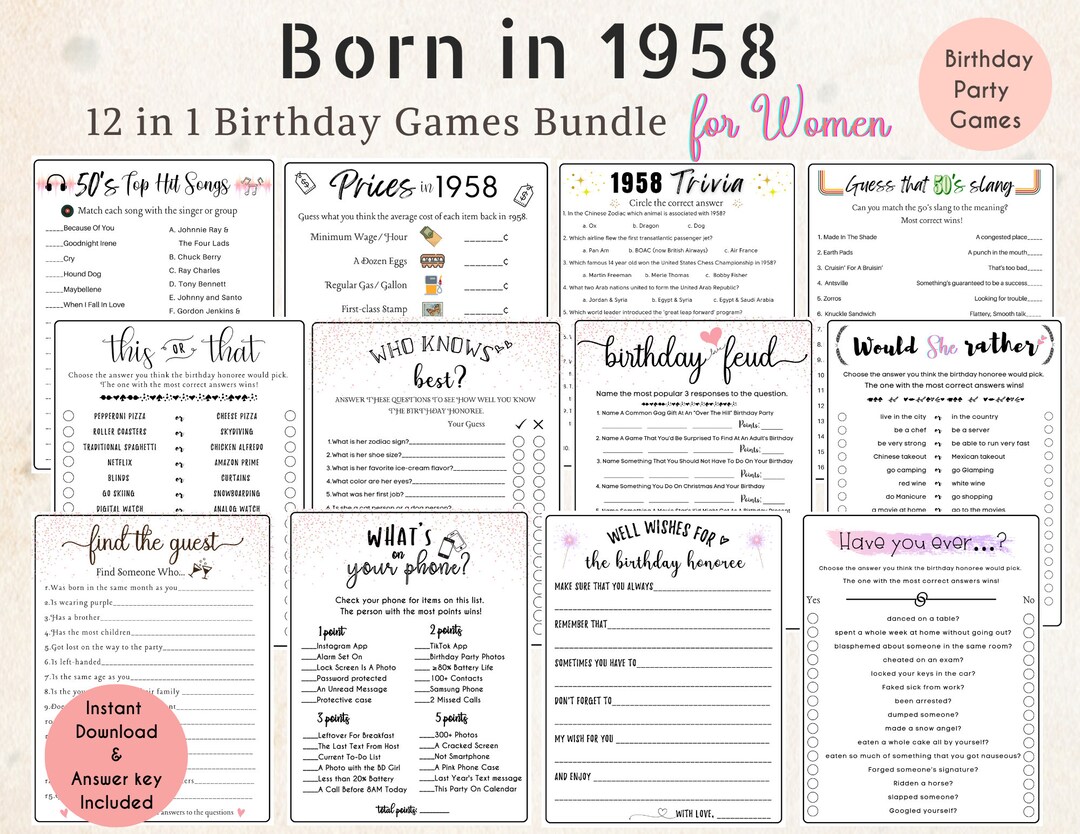 Printable Born in 1958 Birthday Games Bundle 67th Birthday Party Games ...