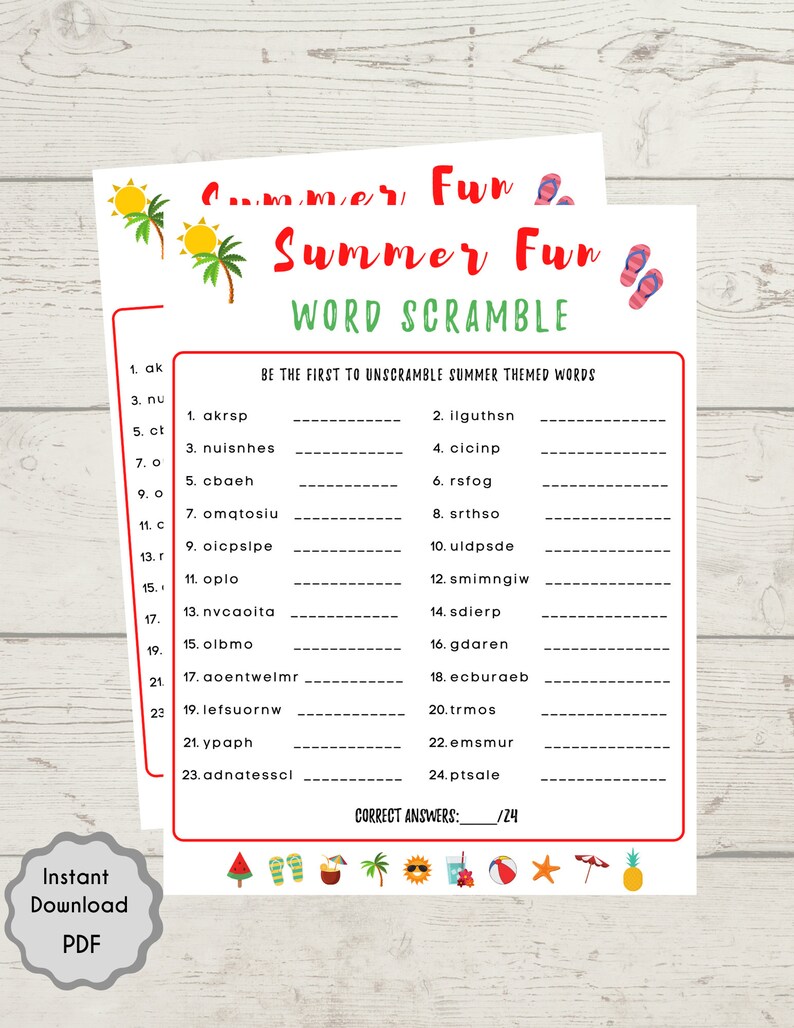 Summer Fun Word Scramble Game Pool Party Summer Party Game | Etsy