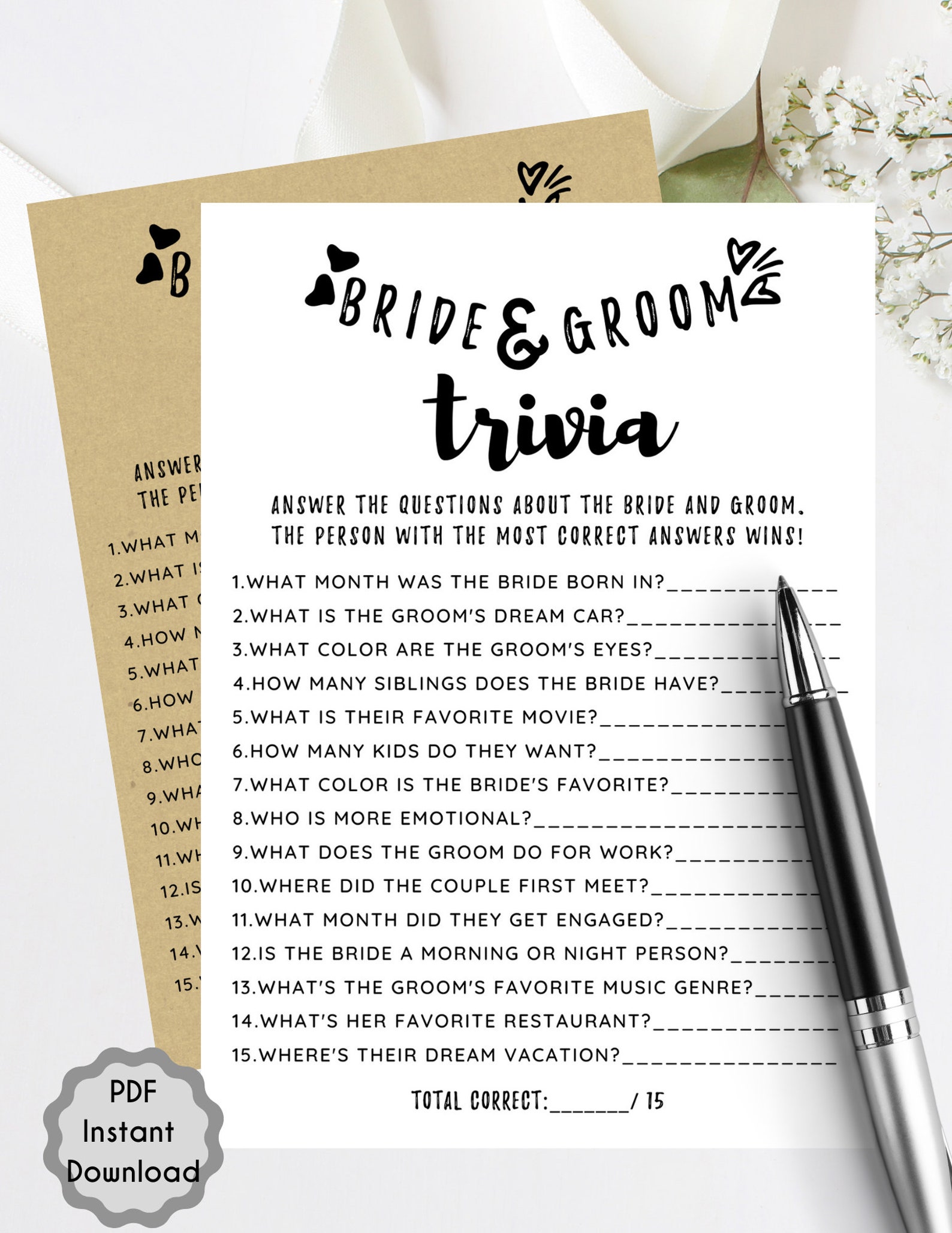 Bride And Groom Trivia Bridal Shower Game Printable Instant Download