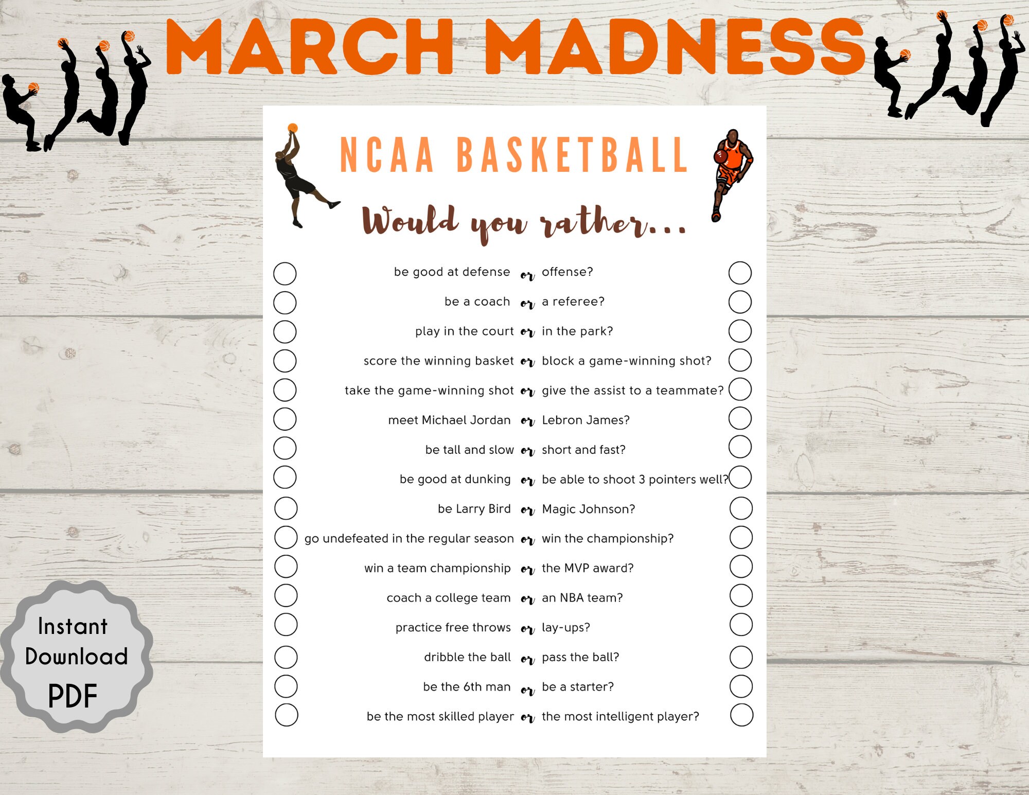 March Madness Would You Rather Game Basketball Party Game L College ...