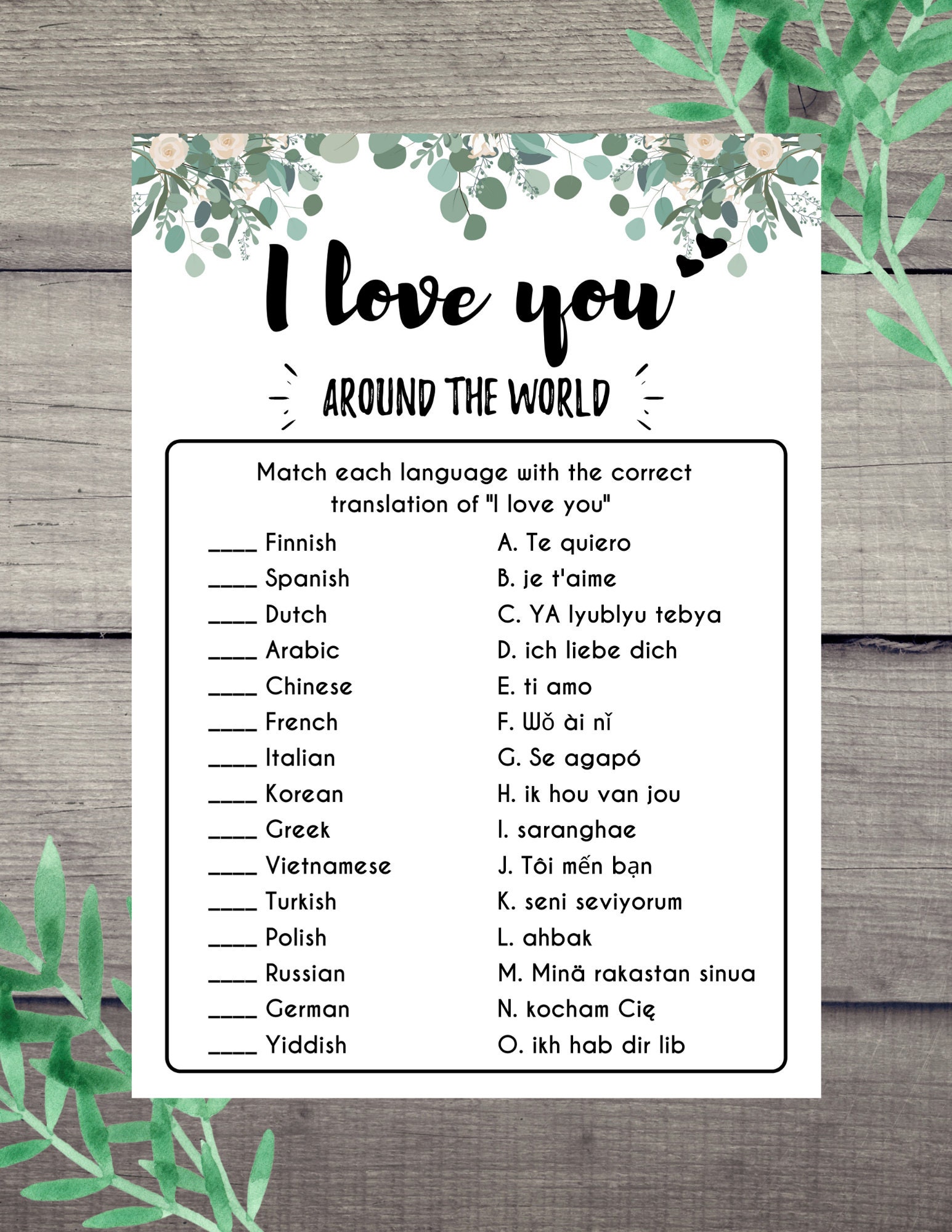 I Love You Around the World Bridal Shower Game L Party Game L - Etsy