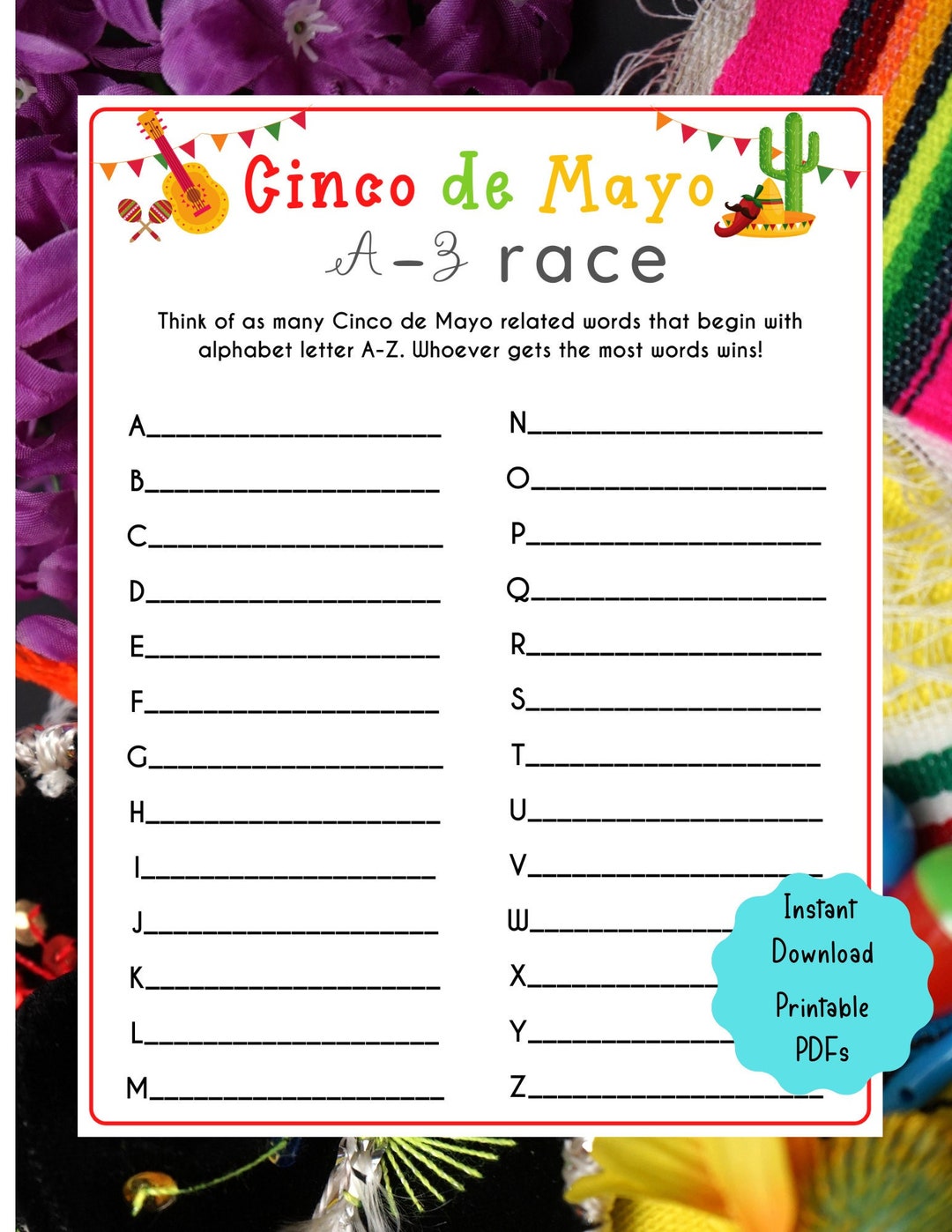 Cinco De Mayo A to Z Race Game L Printable Game Mexican Fiesta Game Fun ...
