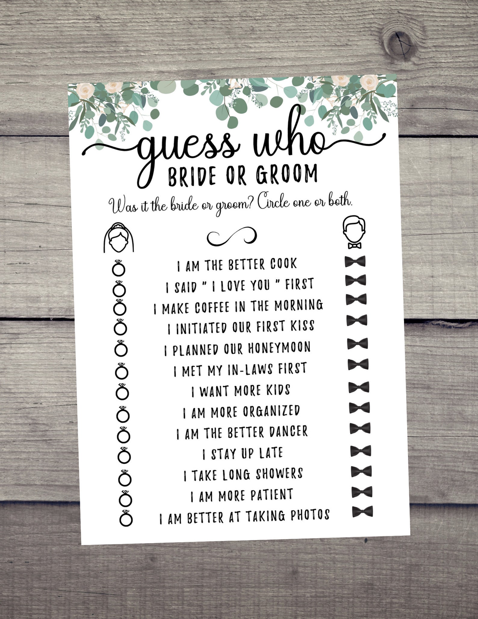 Guess Who Bride or Groom Bridal Shower Game l Newlywed Game l | Etsy