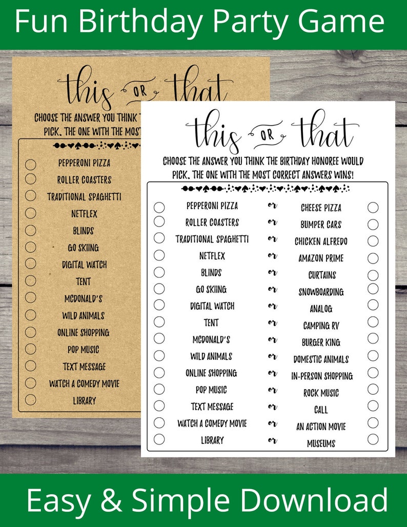 Adult Birthday Party Games This or That Birthday Game 20th | Etsy