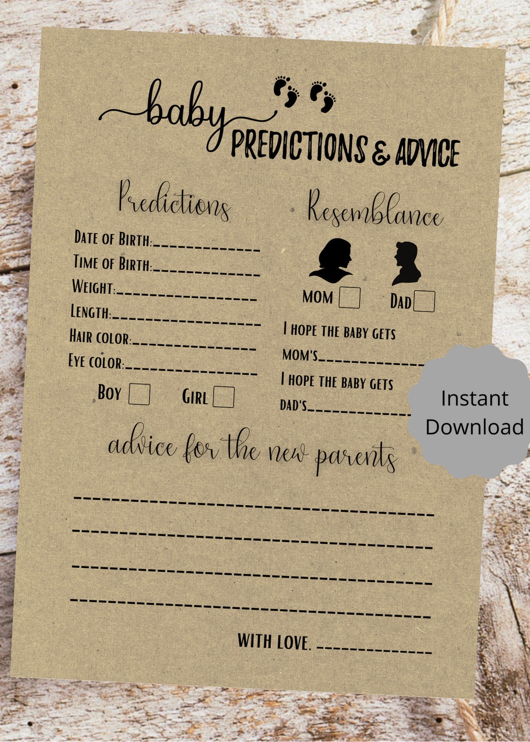 Baby Predictions & Advice, Baby Shower, PDF Printable Download, Baby ...