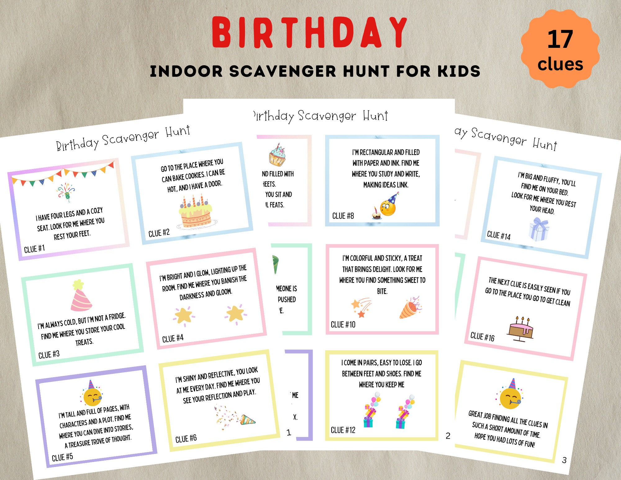 Indoor Birthday Scavenger Treasure Hunt for Kids, Indoor Scavenger Hunt ...