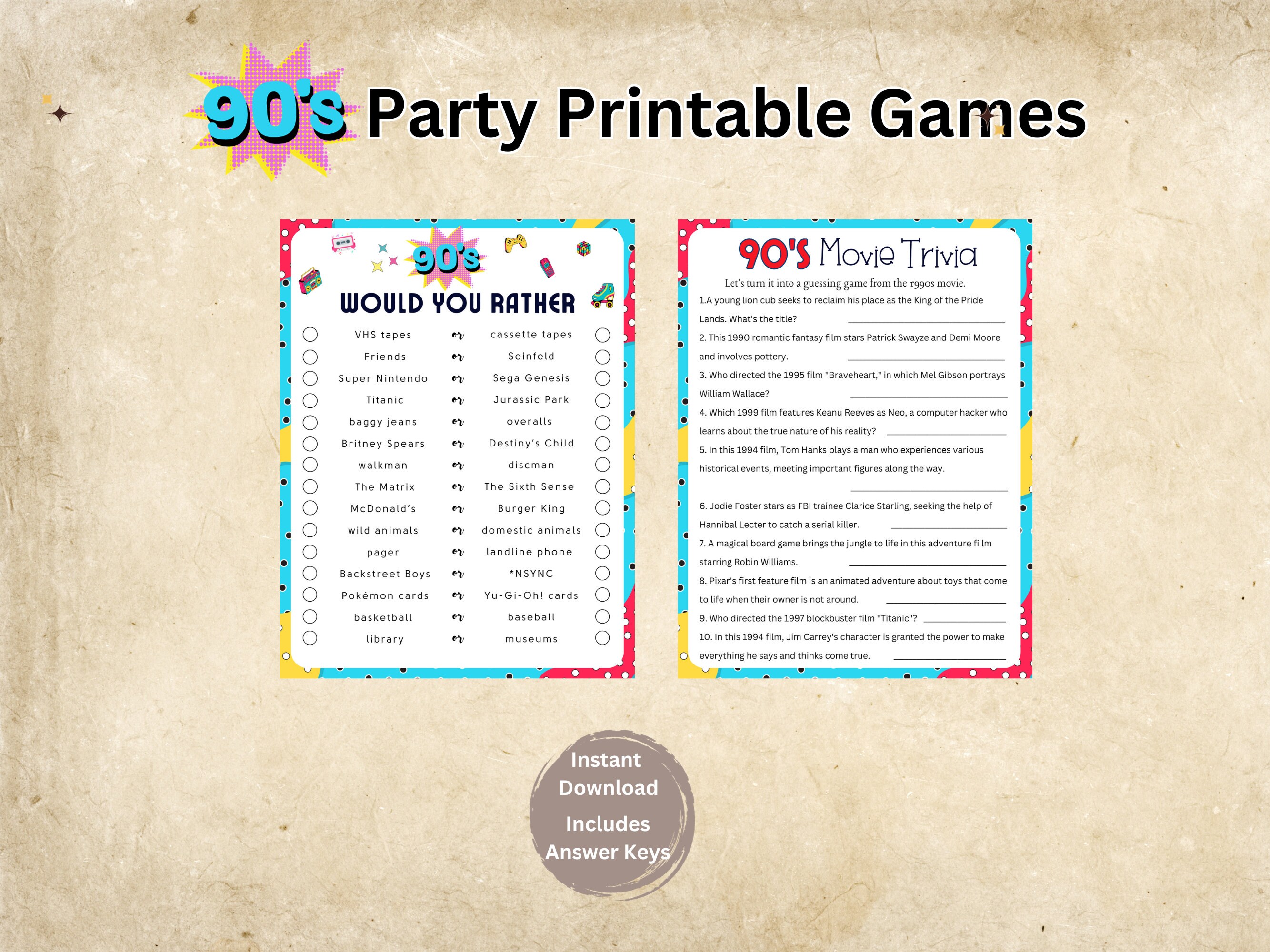 90s Party Games Printable, 1990s Theme Party Games, 90s Music Movie ...