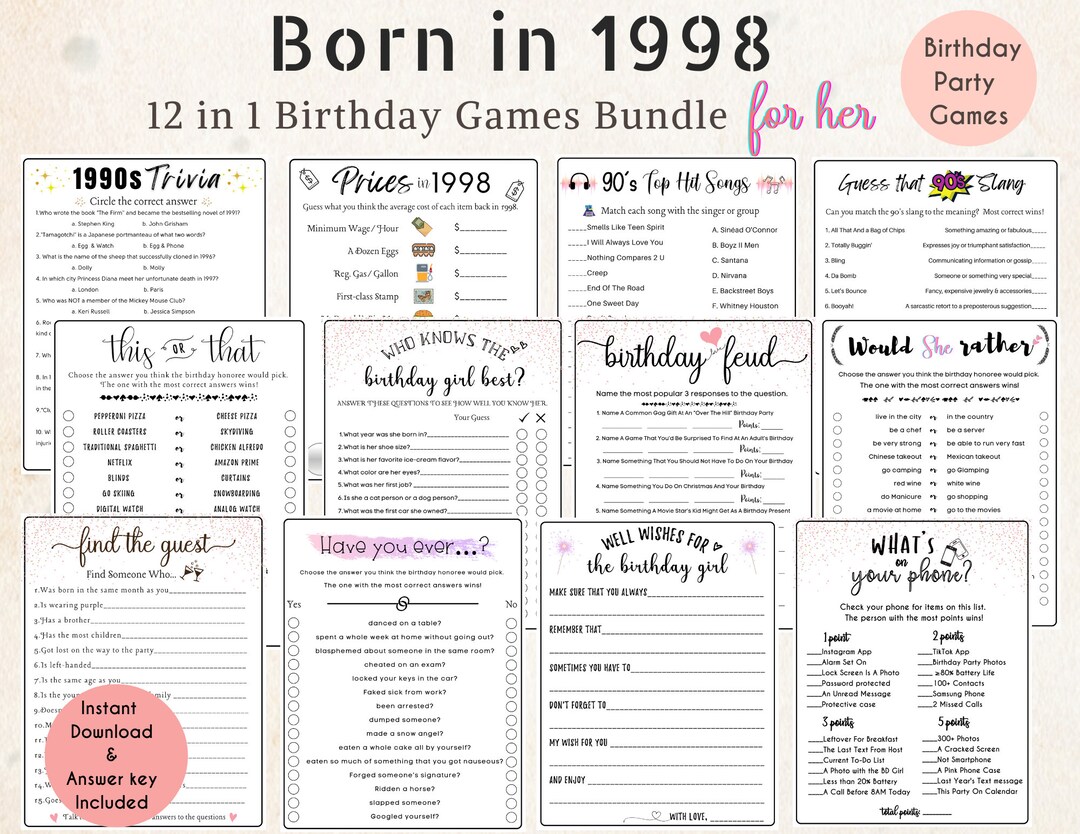 Printable Born in 1998 Birthday Games Bundle 27th Birthday Party Games ...