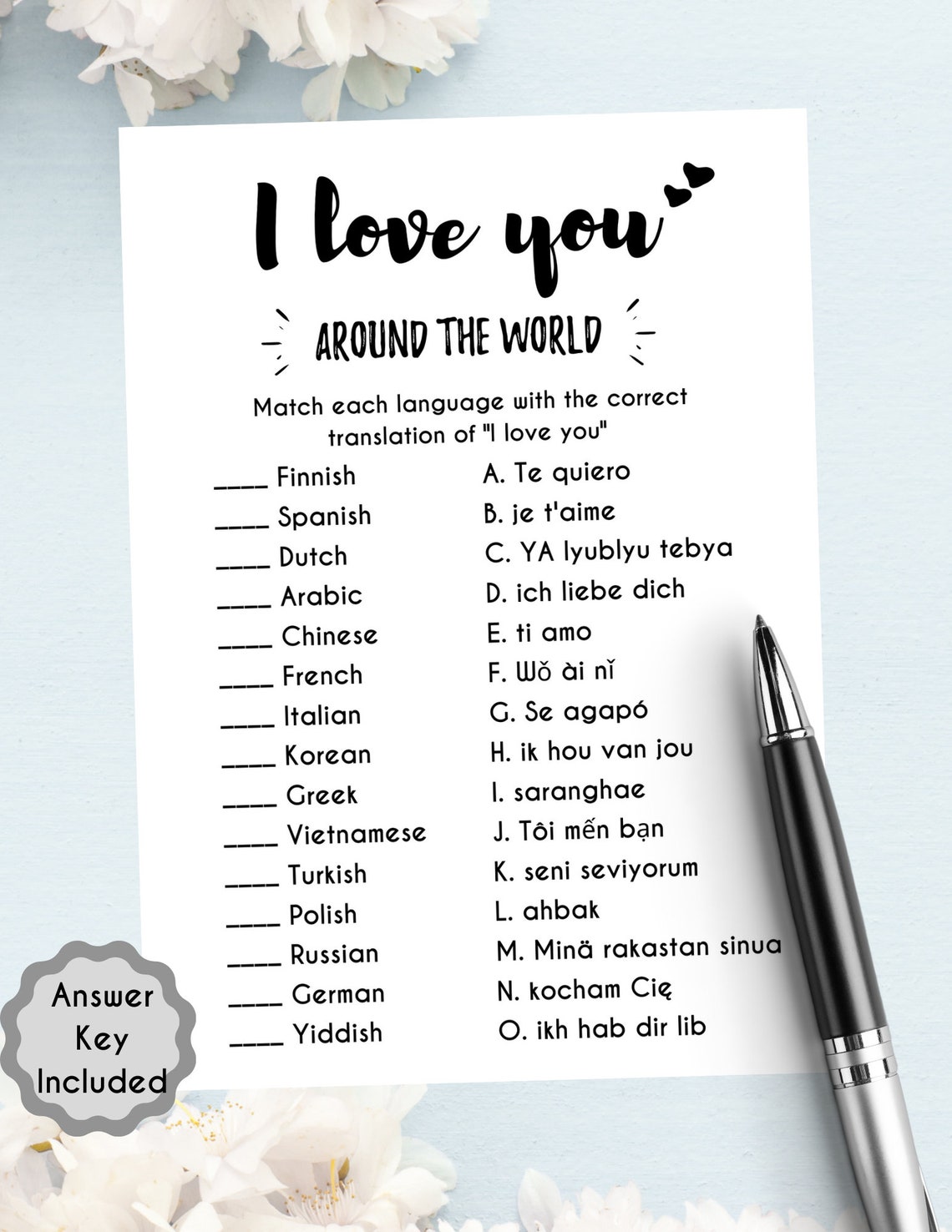 I Love You Around The World Bridal Shower Game Printable Etsy